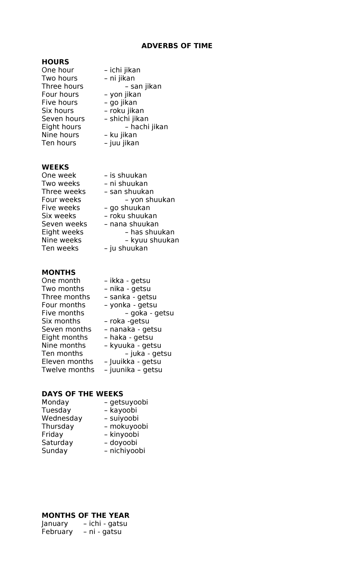 Adverbs-of-Time - ADVERBS OF TIME HOURS One hour – ichi jikan Two hours ...