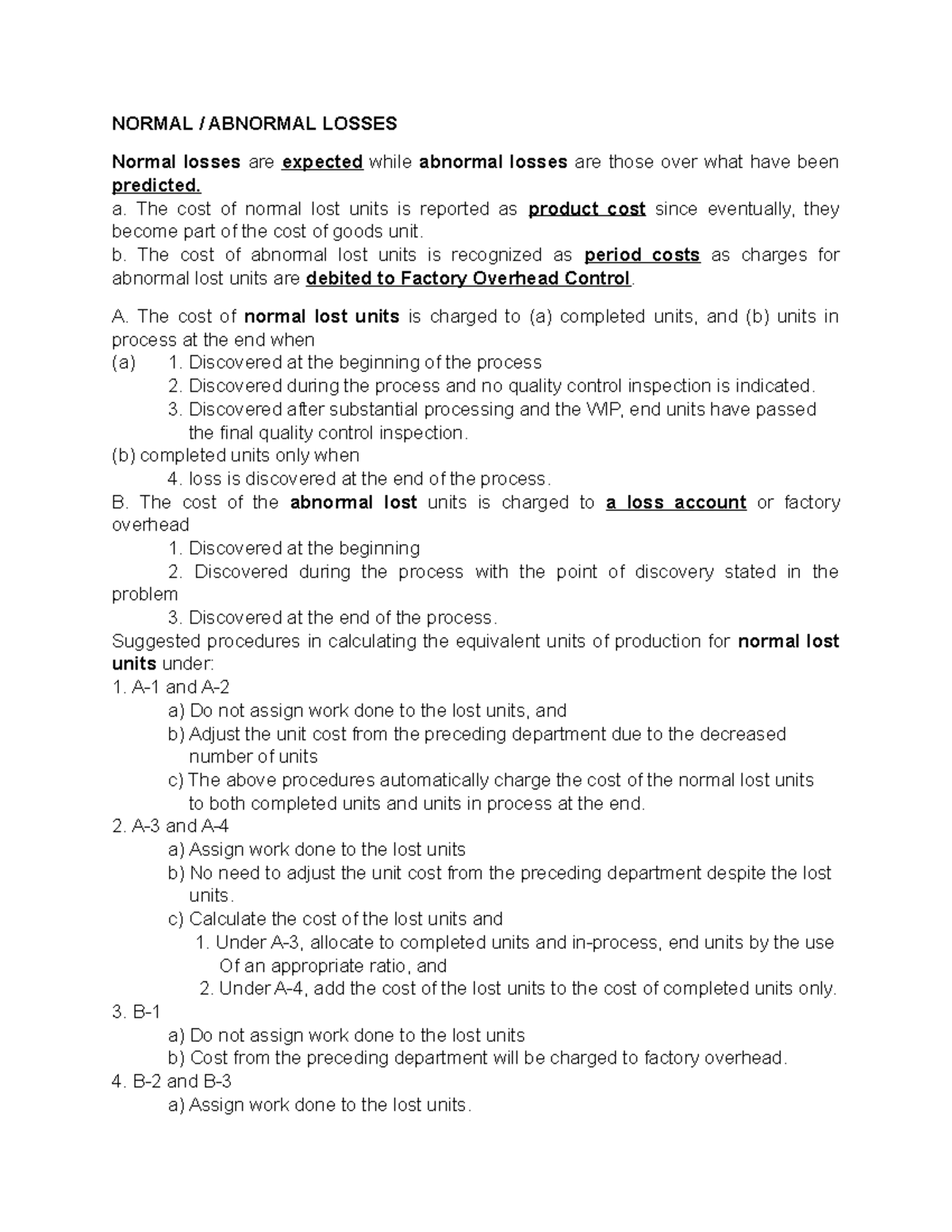 Lecture CAC Normal abnormal losses and increase in units due to increase in materials - NORMAL ...