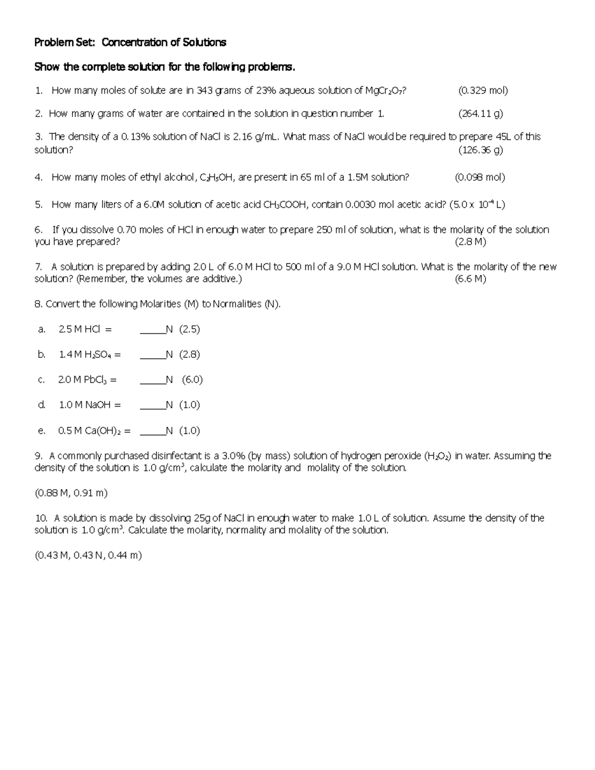 Problem Set-concentration units - Problem Set: Concentration of ...