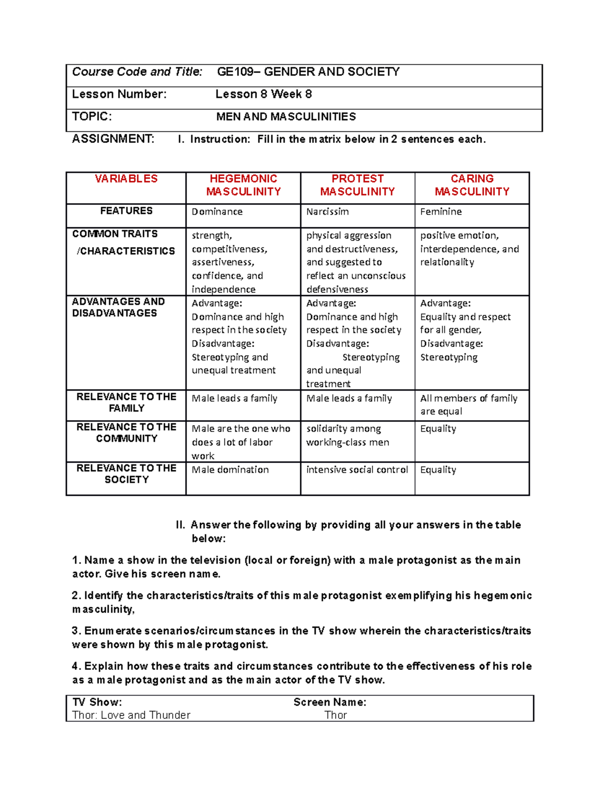 MEN AND Masculinity - GENDER AND SOCIETY - Course Code and Title: GE109 ...