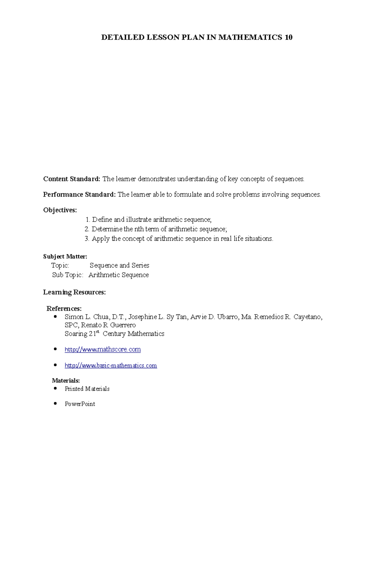 Sequence And Series Sample Lesson Plan Grade 10 Math DETAILED