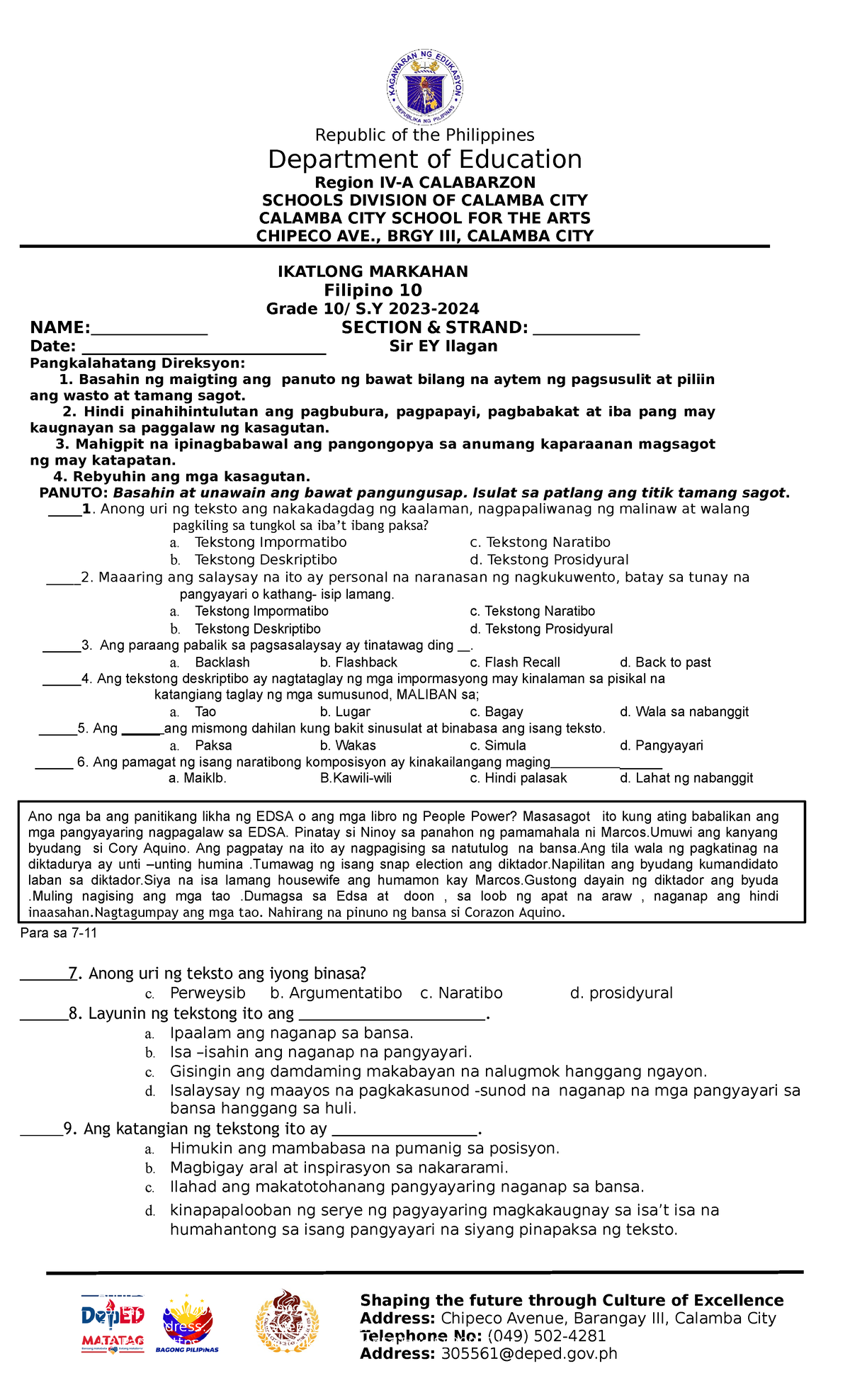 G11 pagbasa - Shaping the future through Culture of Excellence Address ...