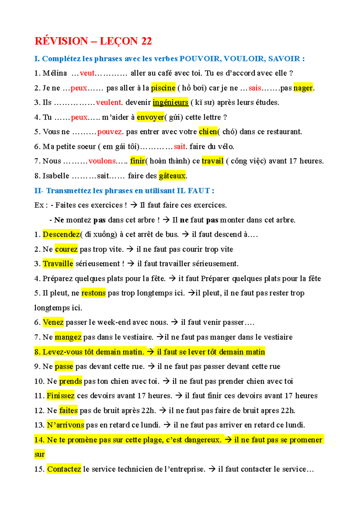 Exercices de révision - Lecon 22 - RÉVISION – LEÇON 22 I. Complétez les ...
