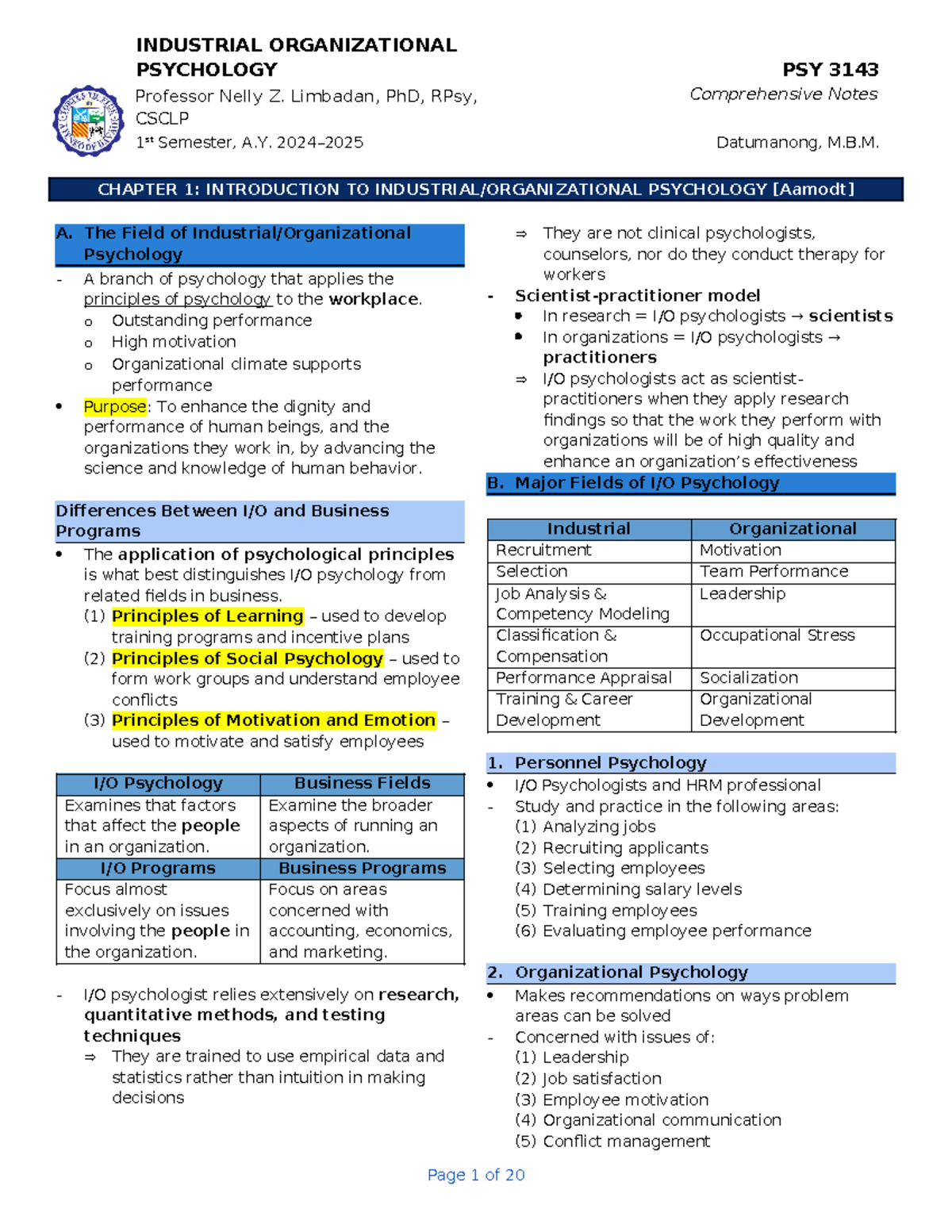IOP Comprehensive Notes - PSYCHOLOGY PSY 3143 Professor Nelly Z ...