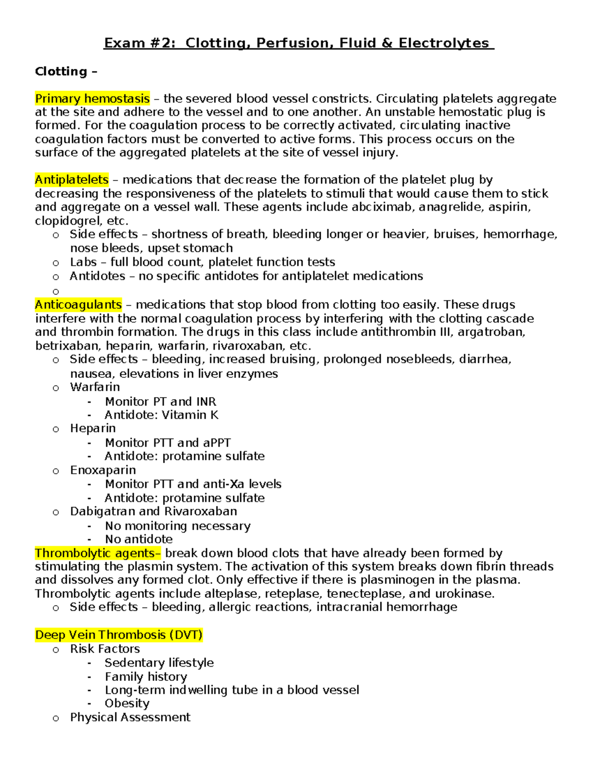 Exam 2 - Clotting, Perfusion, Fluid & Electrolytes Review - Exam #2 ...