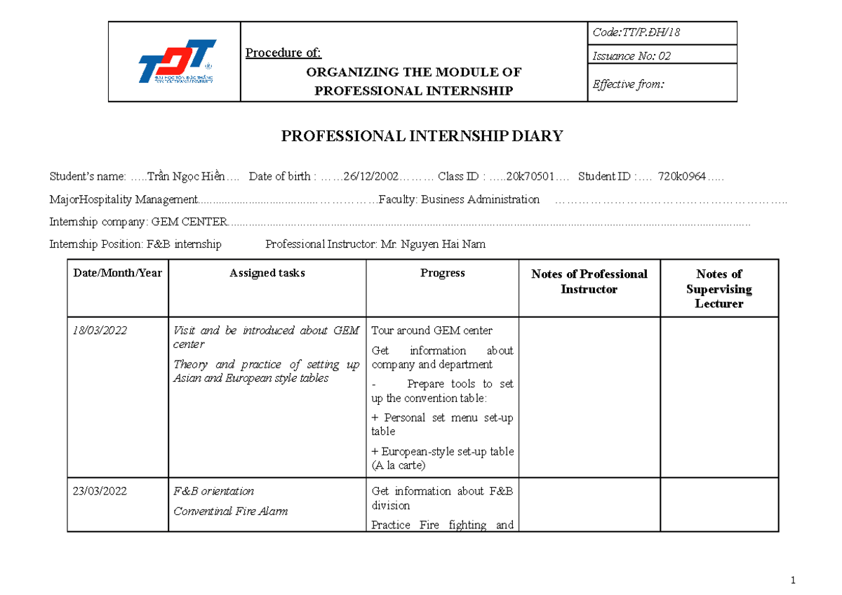 4 Professional Internship Diary - Procedure of: ORGANIZING THE MODULE ...