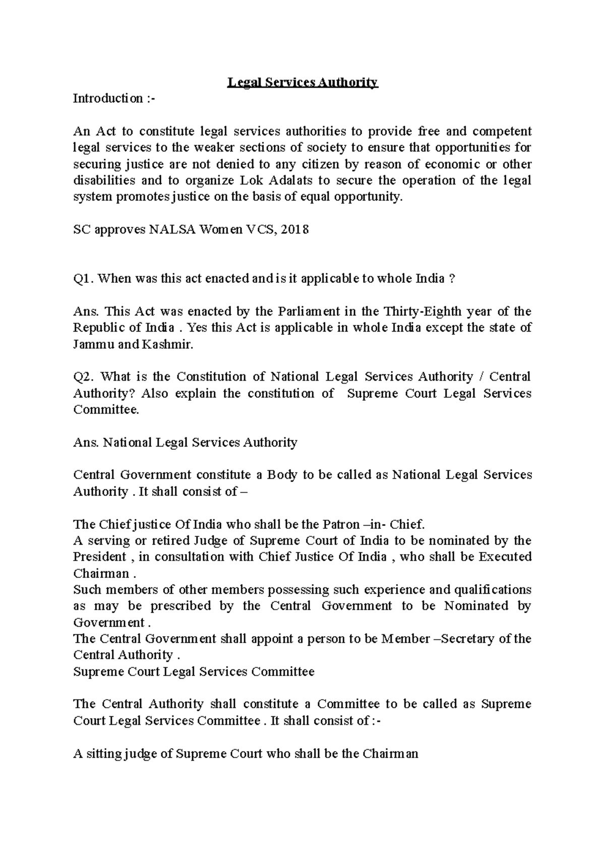 Legal Services Authority - SC approves NALSA Women VCS, 2018 Q1. When ...
