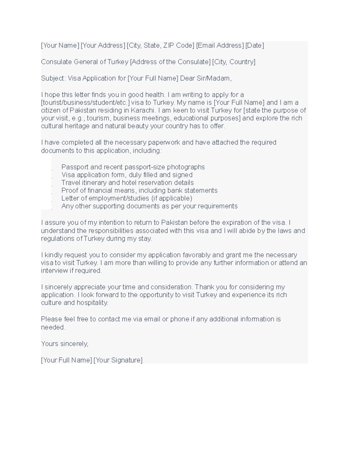 Cover letter format for turkey visa permission - [Your Name] [Your ...