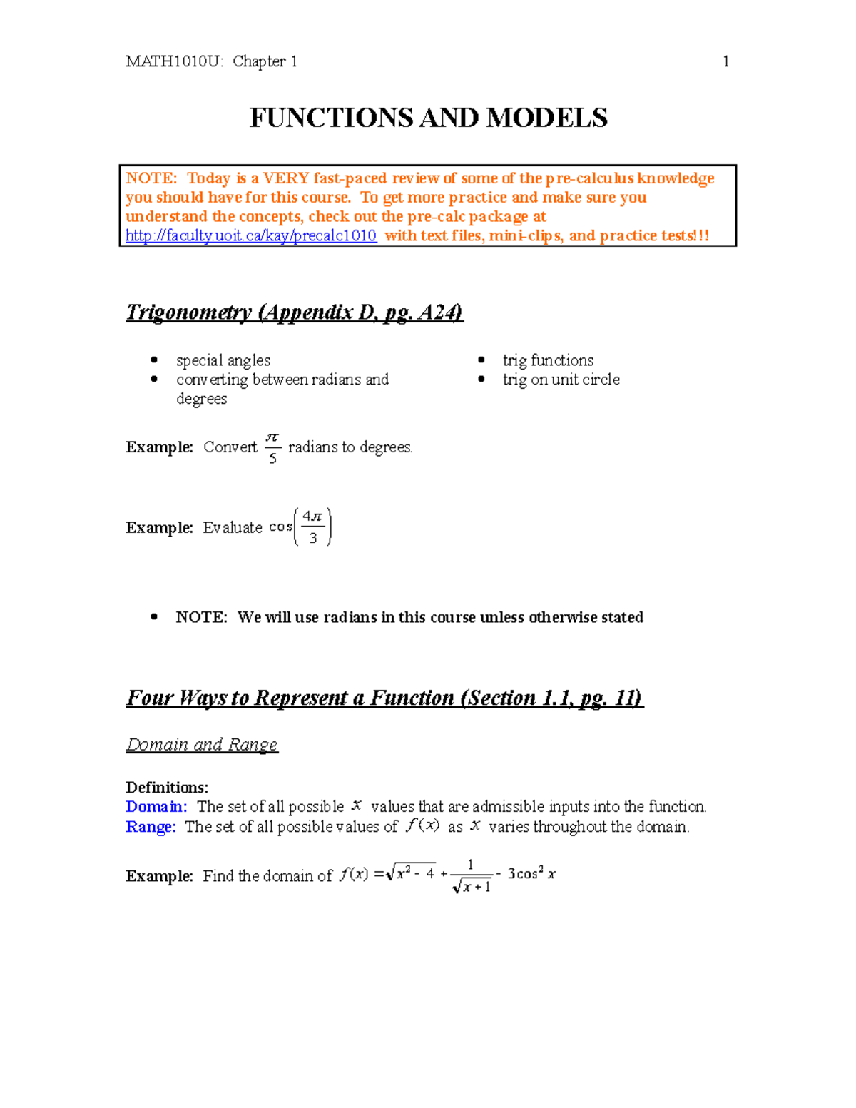 Lecture 1 - FUNCTIONS AND MODELS NOTE: Today is a VERY fast-paced ...