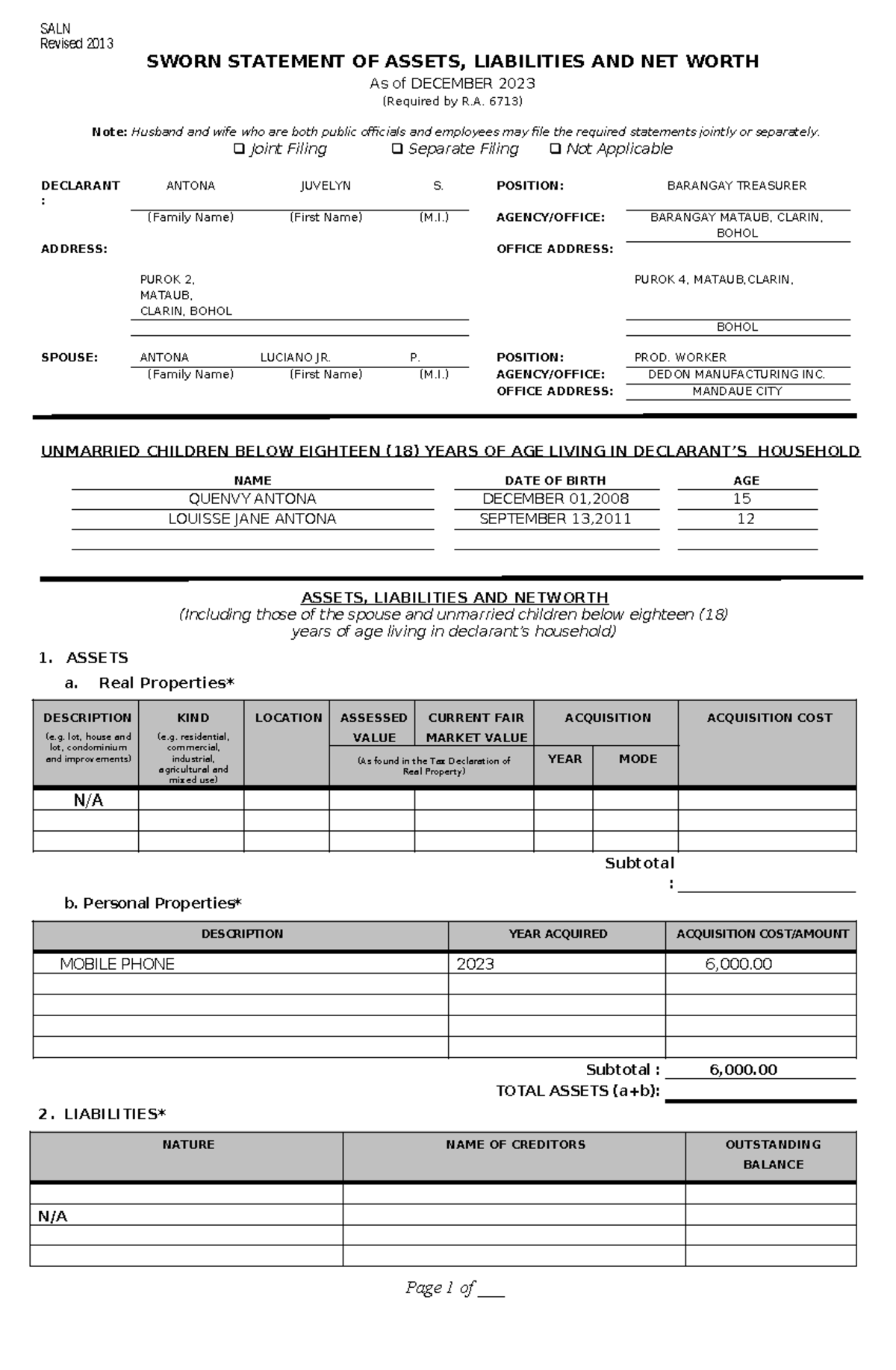 Sal-in - SALN Revised 2013 SWORN STATEMENT OF ASSETS, LIABILITIES AND ...