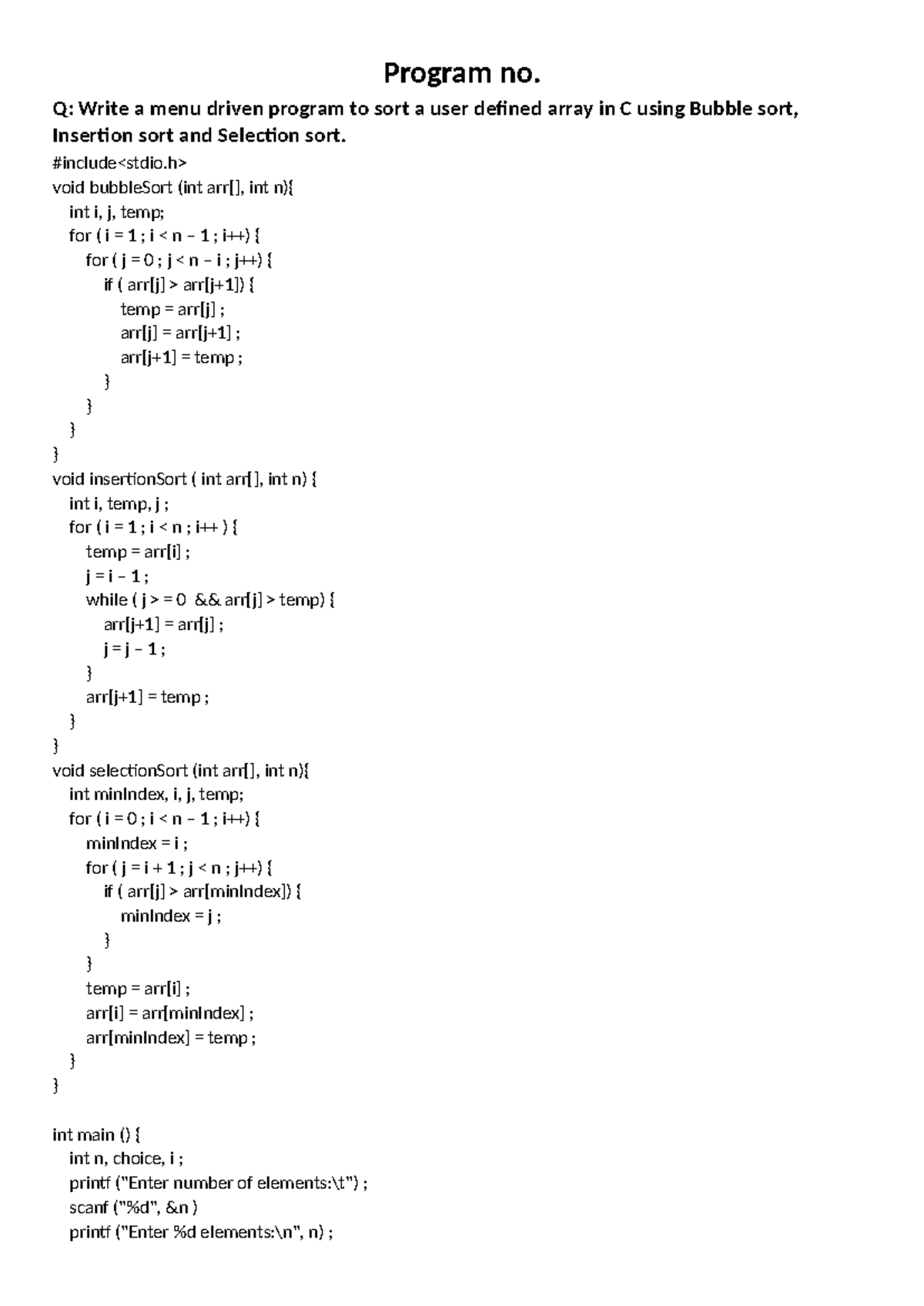 01sorting 03linear Binary Search Program No Q Write A Menu Driven Program To Sort A User 