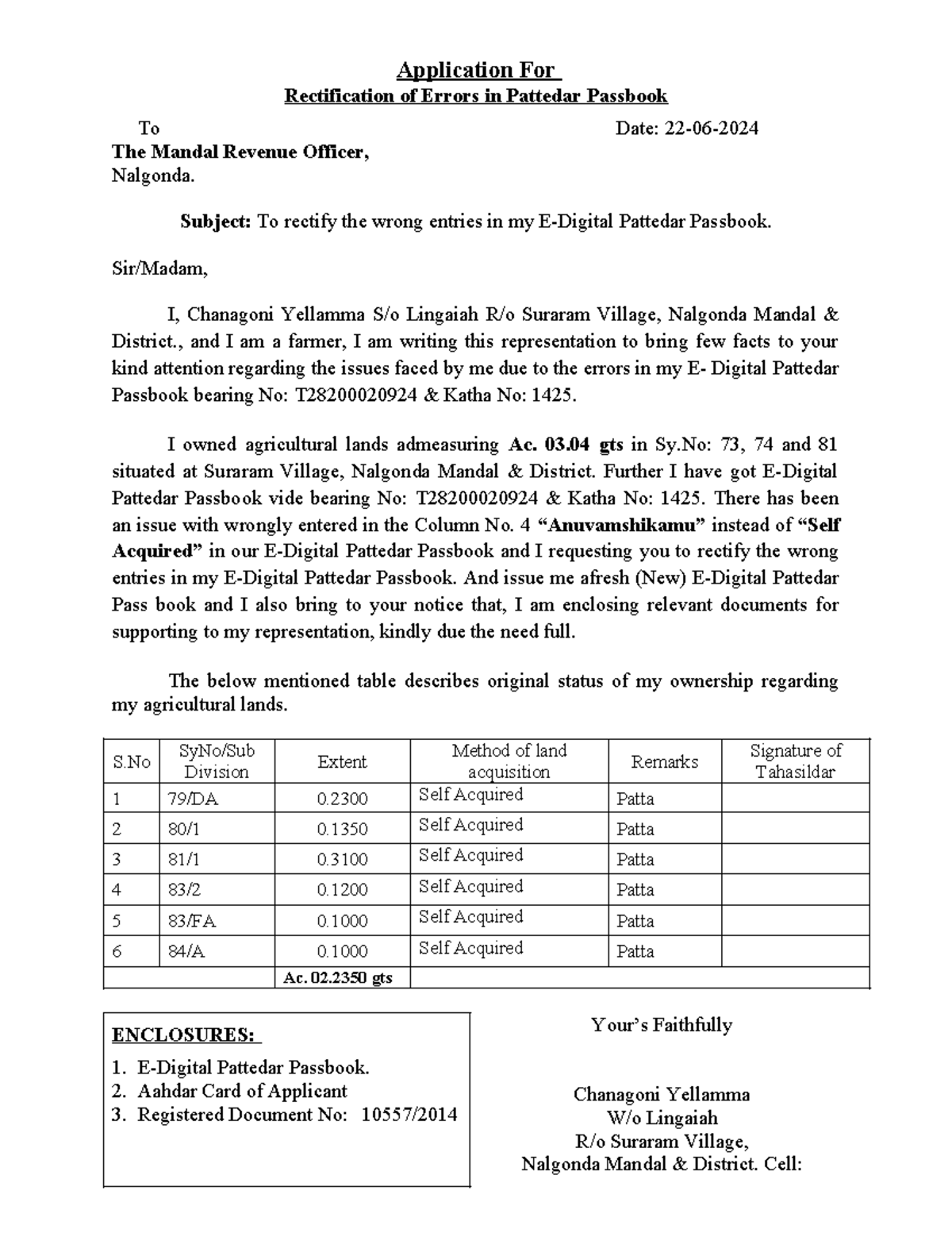 Letter TO MRO - Application For Rectification of Errors in Pattedar ...