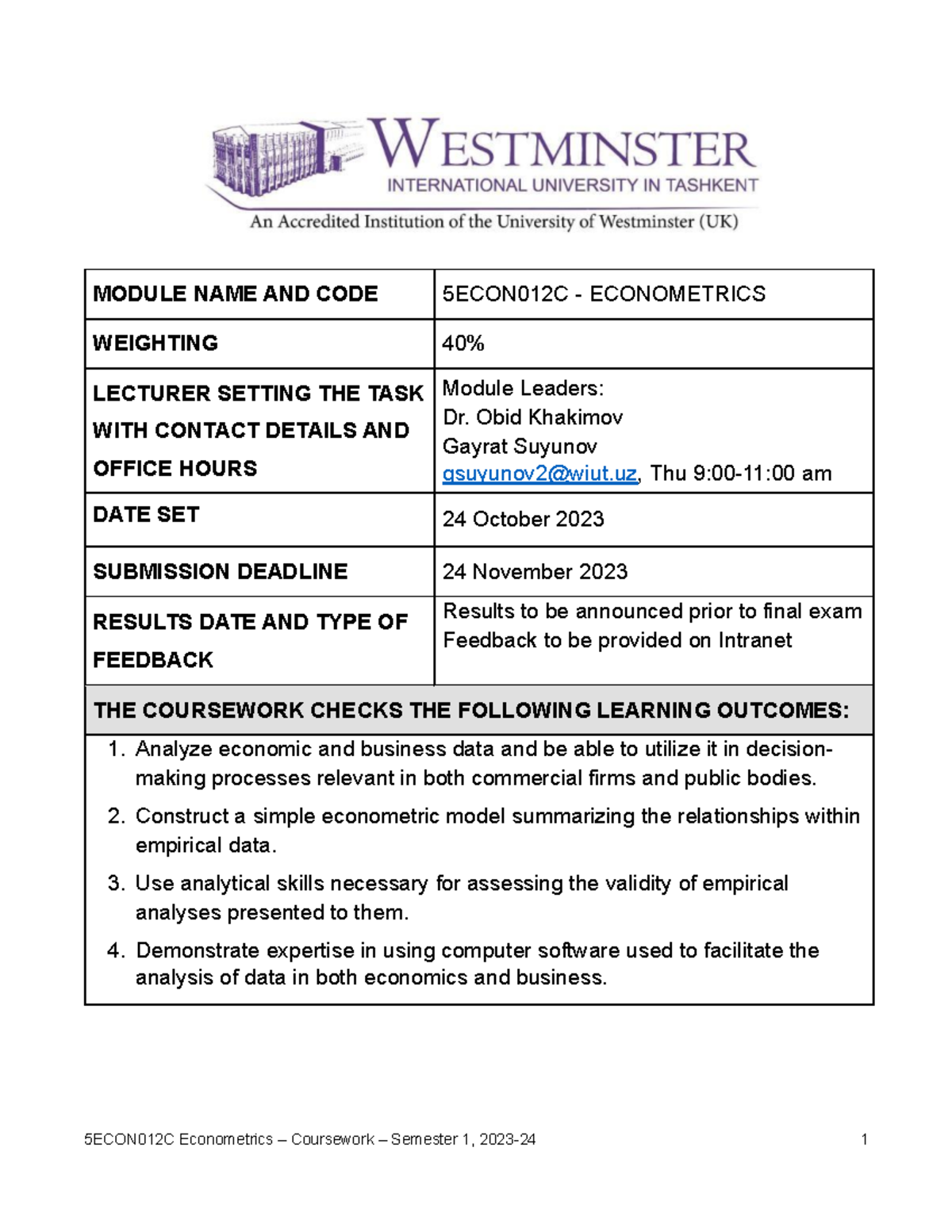 CW Econometrics 2023-2024 (1) - MODULE NAME AND CODE 5ECON012C - ECONOMETRICS WEIGHTING 40% ...