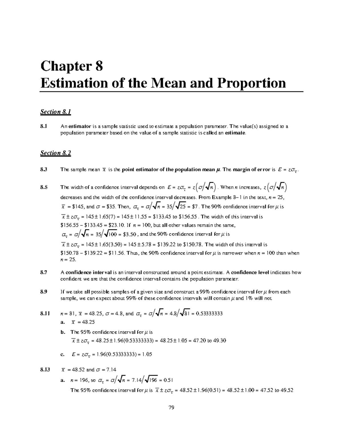 MATH Wiley Student Solutions Manual Chapter 8 - Chapter 8 Estimation of the Mean and Proportion ...