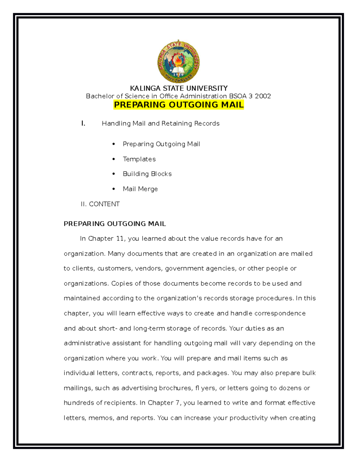 Preparing Outgoing MAIL - KALINGA STATE UNIVERSITY Bachelor of Science ...
