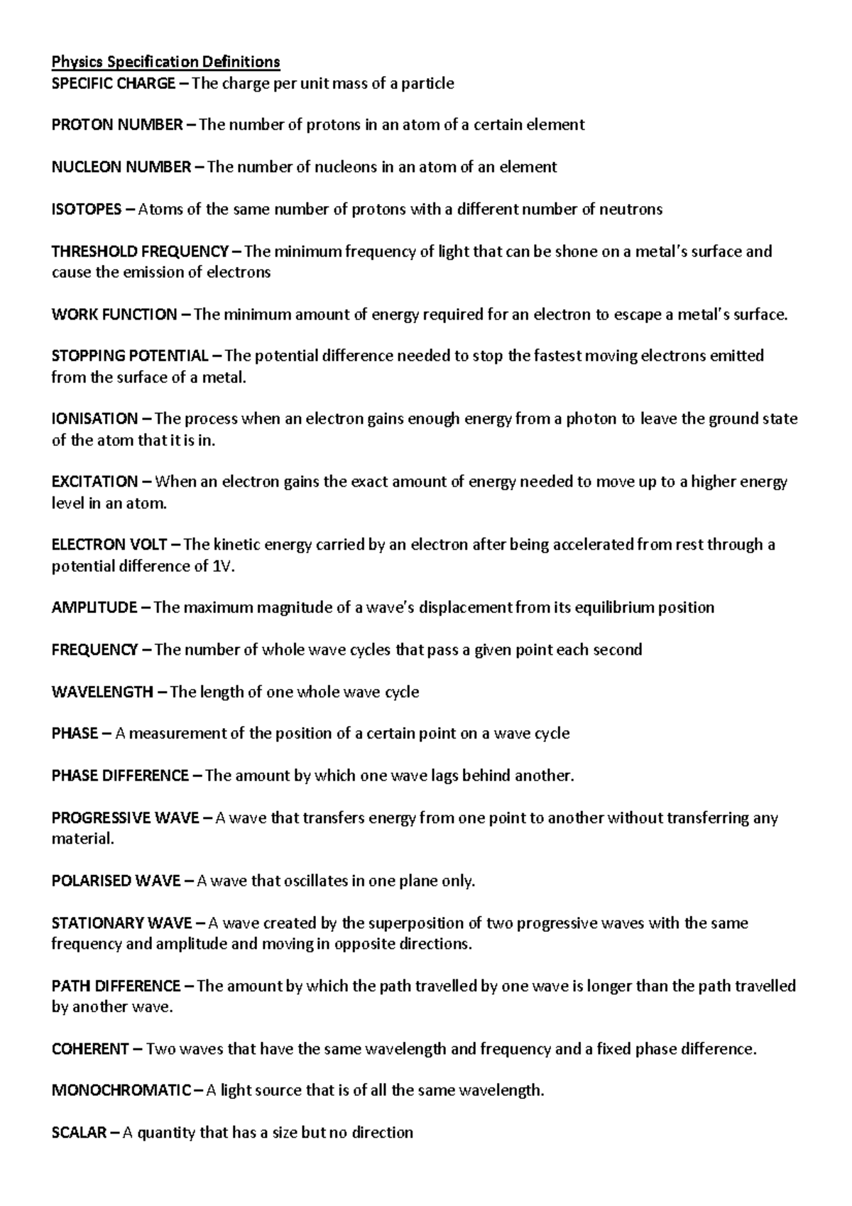 Physics Specification Definitions AQA A Level - Physics Specification Definitions SPECIFIC ...