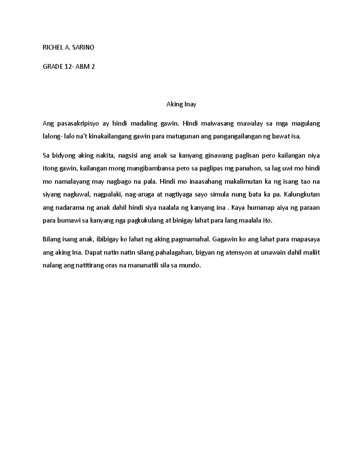 Aking ina - Lecture notes 3-7 - RICHEL A. SARINO GRADE 12- ABM 2 Aking ...