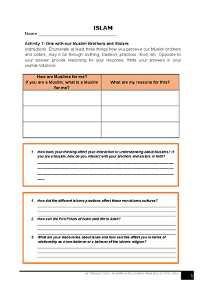 Activity-Sheet-Islam - INTRODUCTION TO WORLD RELIGIONS AND BELIEF ...