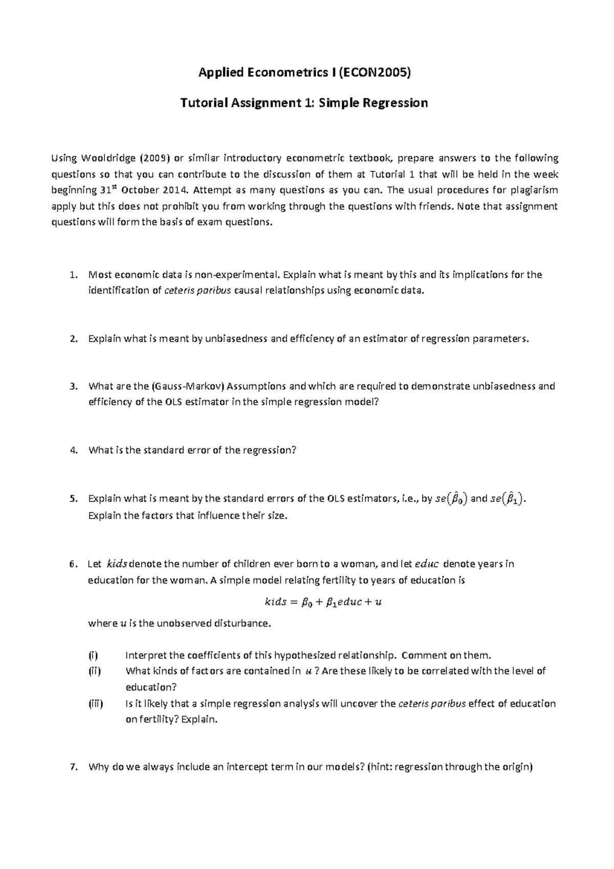 Tutorial Assignment 1 Applied Econometrics I Econ2005 Tutorial Assignment 1 Simple
