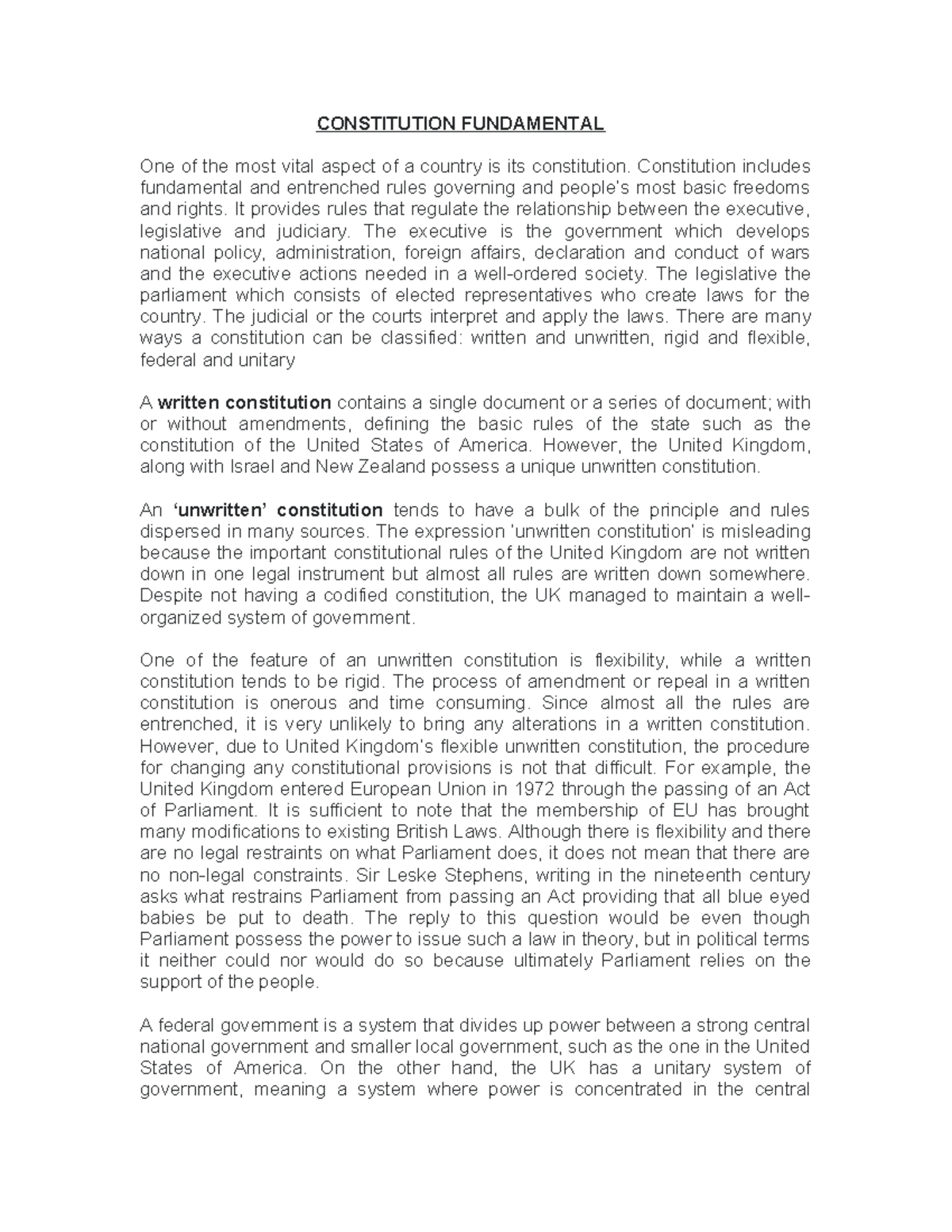 Constitutional fundamental - CONSTITUTION FUNDAMENTAL One of the most ...