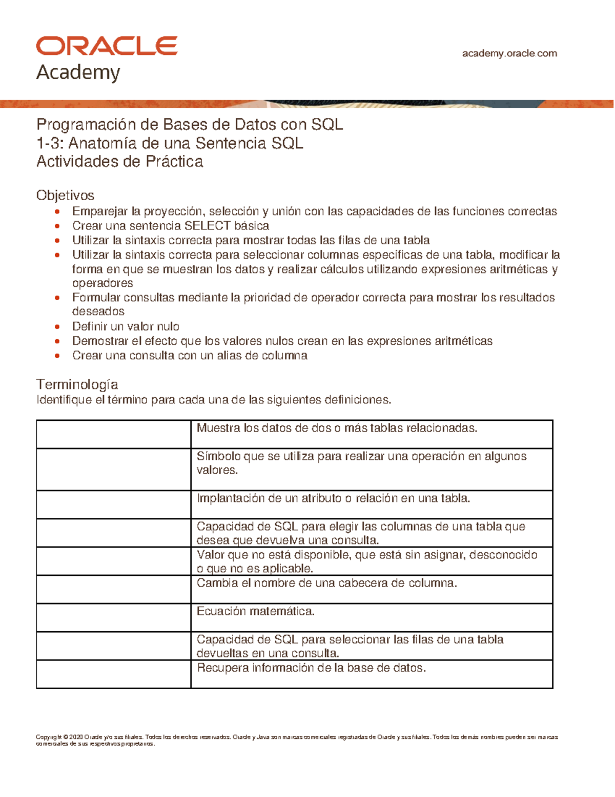 DP 1 3 Practice esp - Homework - Copyright © 2020 Oracle y/o sus ...