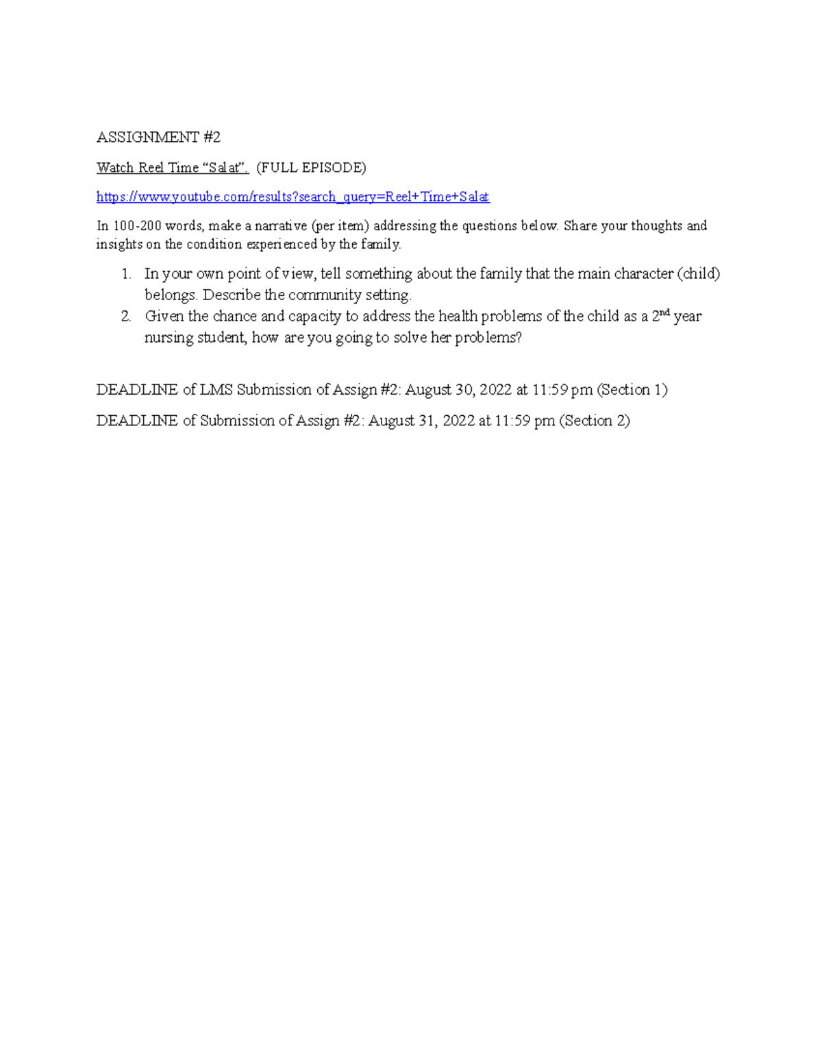 Assignment#2 - for ideas - ASSIGNMENT Watch Reel Time “Salat”. (FULL ...