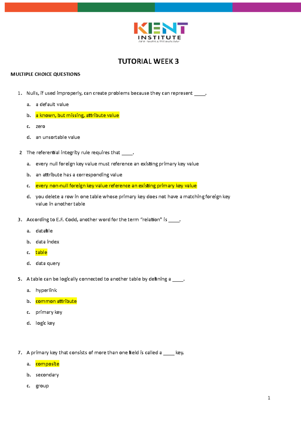DBFN WEEK 3 - DBFN - TUTORIAL WEEK 3 MULTIPLE CHOICE QUESTIONS Nulls, if used improperly, can ...