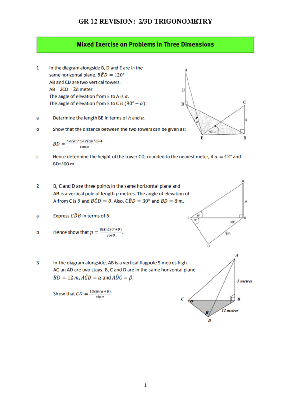 2&3D TRIG - Practice - GR 12 REVISION: 2/3D TRIGONOMETRY 1 - Studocu