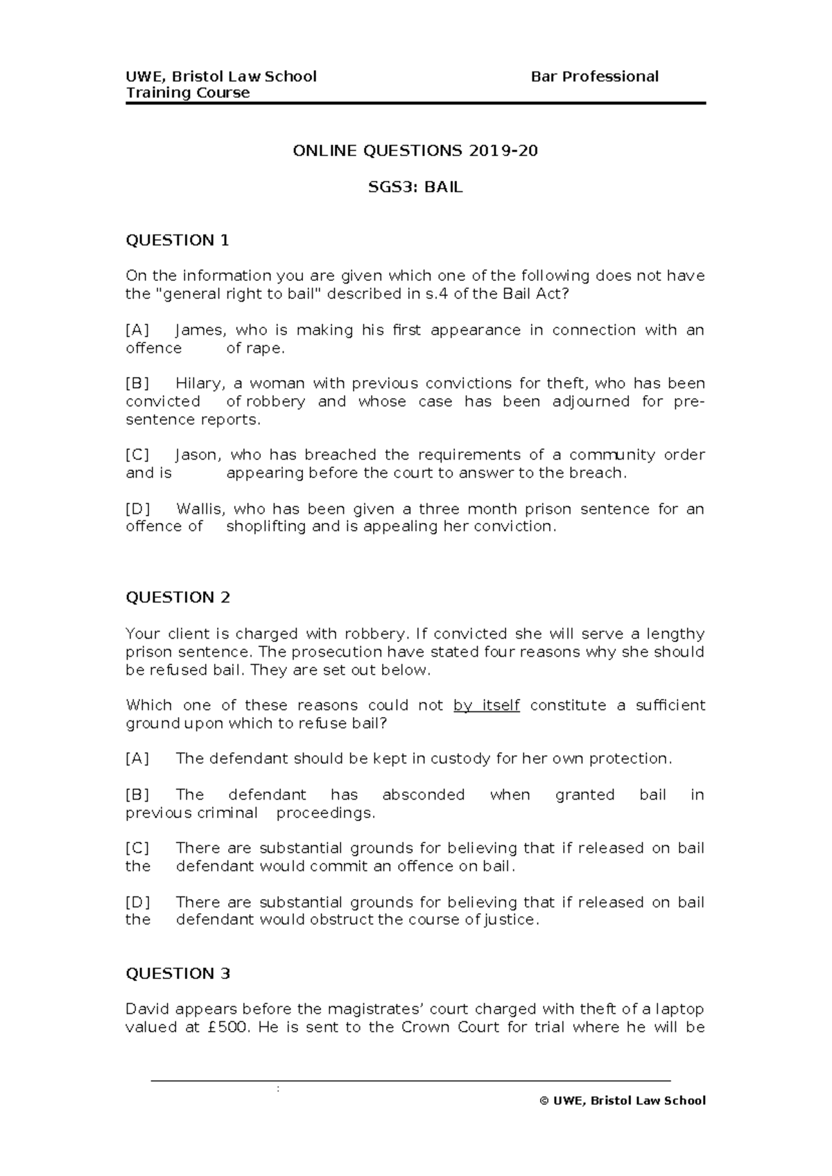 CLS 4 Online MCQs 1920 Complete(1) - Training Course ONLINE QUESTIONS 2019- SGS3: BAIL QUESTION ...