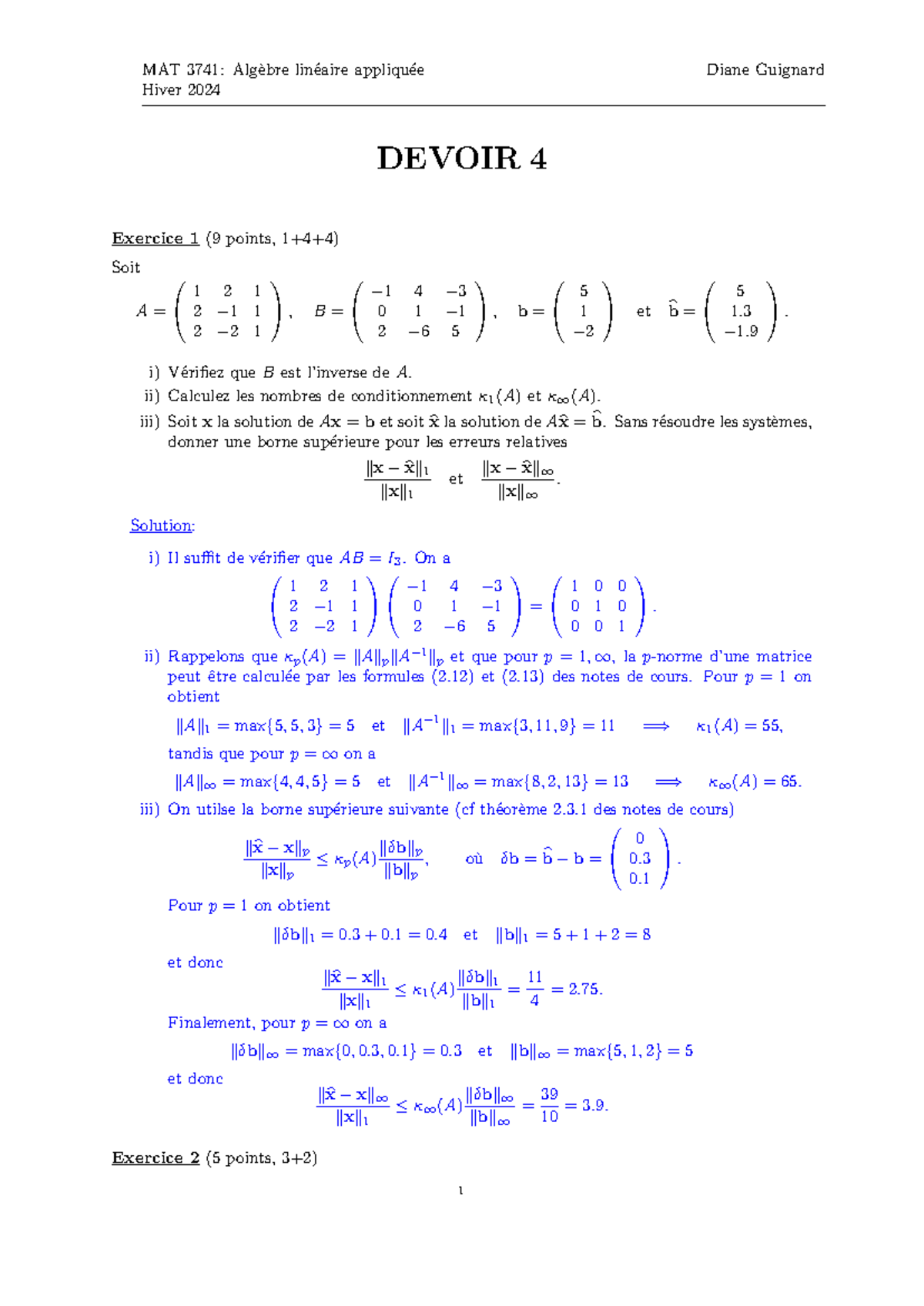 Devoir 4 sol - assignment 4 and solution - MAT 3741: Alg`ebre lin ́eaire appliqu ́ee Hiver 2024 ...
