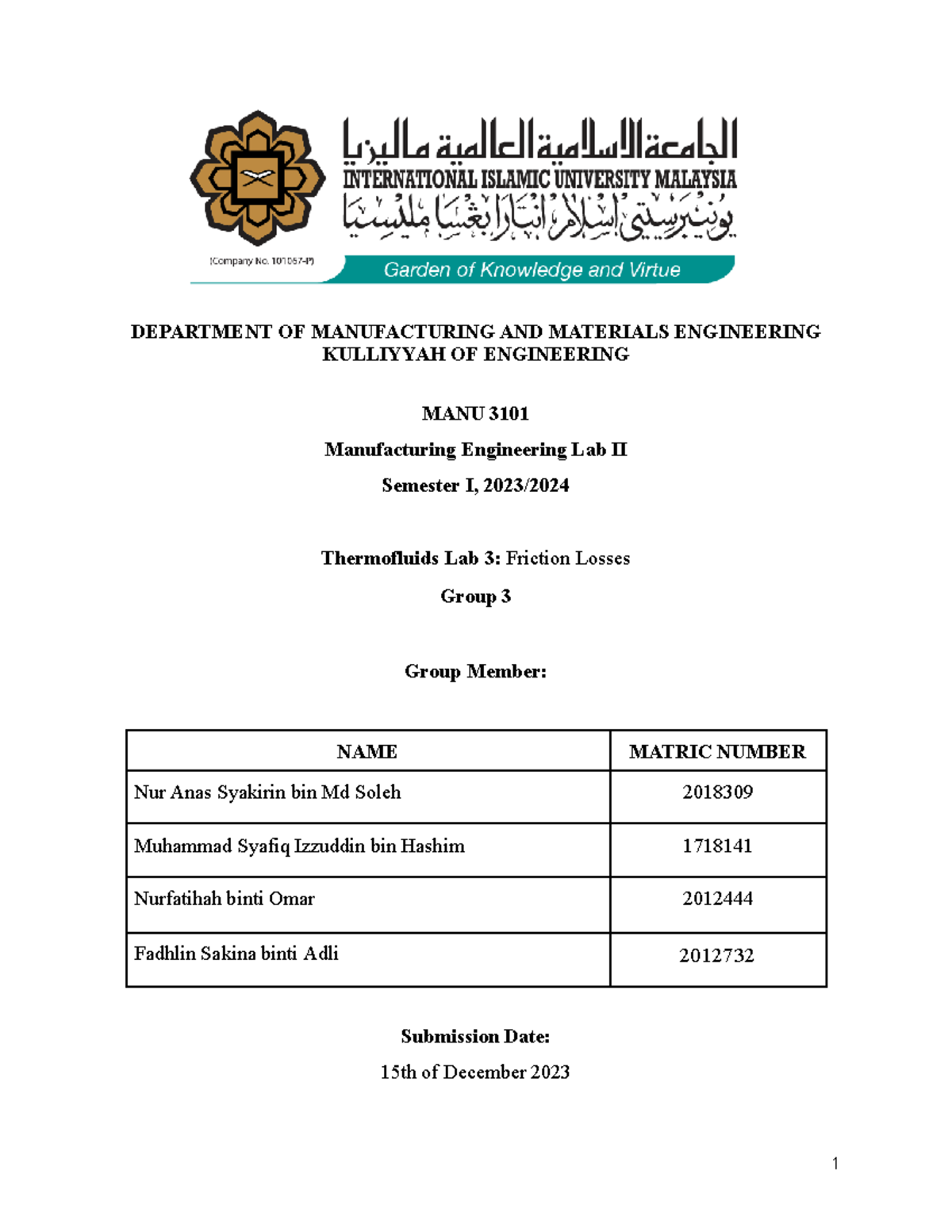 TF3 - Friction Losses - lab report - DEPARTMENT OF MANUFACTURING AND ...