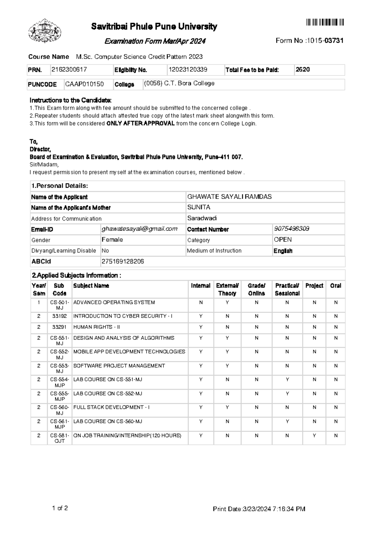 101503731 Exam Form - Instructions to the Candidate: 1 Exam form along ...