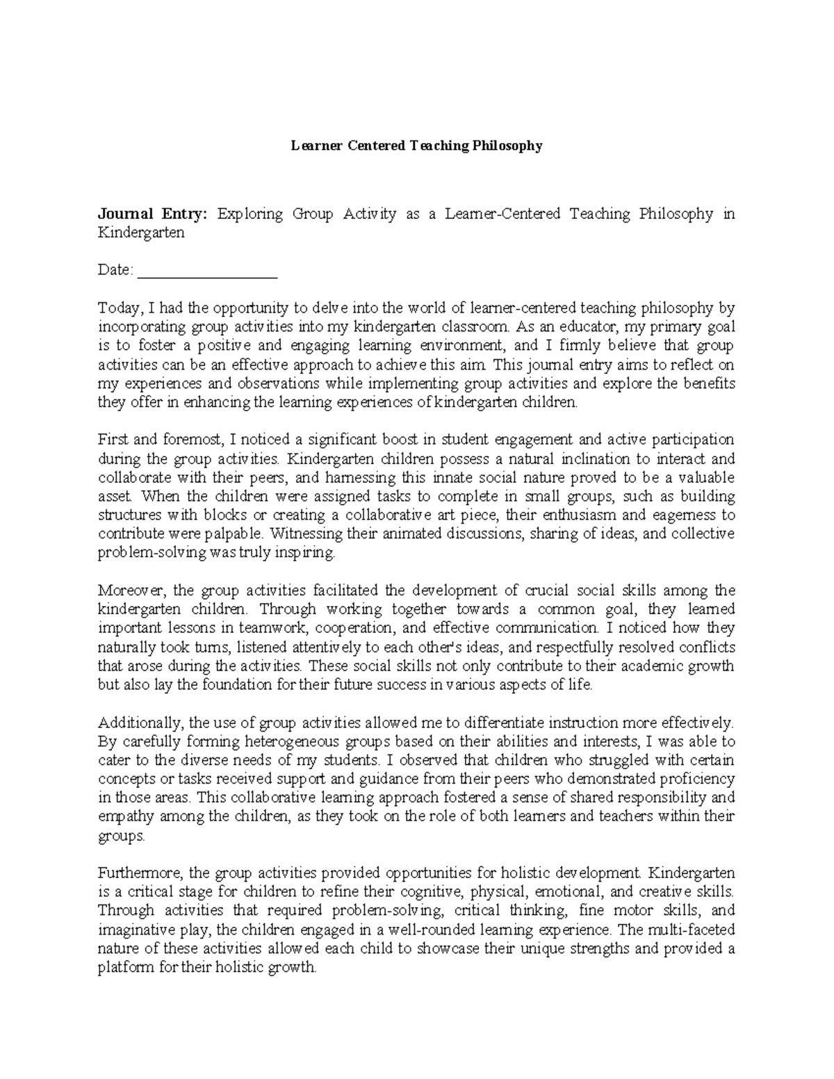 Obj13 kinder - SAMPLE ONLY - Learner Centered Teaching Philosophy ...