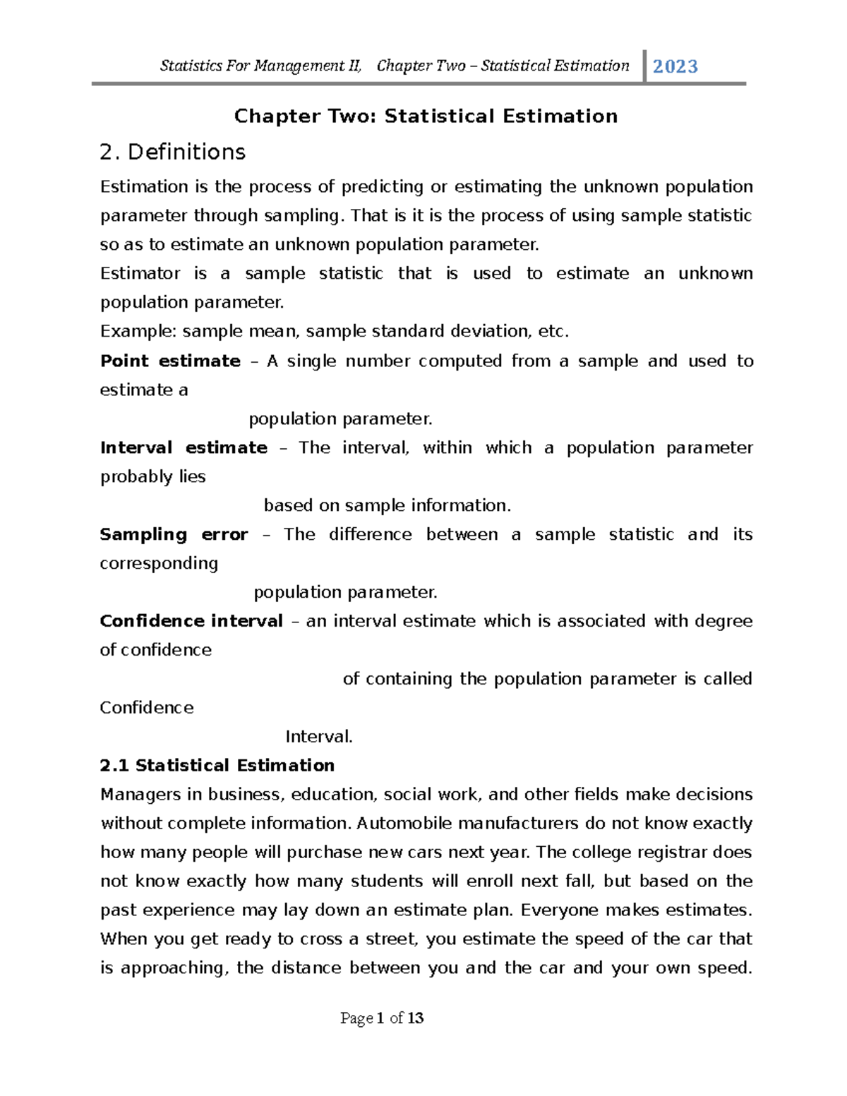 Chapter 2 Statistics Estimation final - Chapter Two: Statistical Estimation 2. Definitions - Studocu