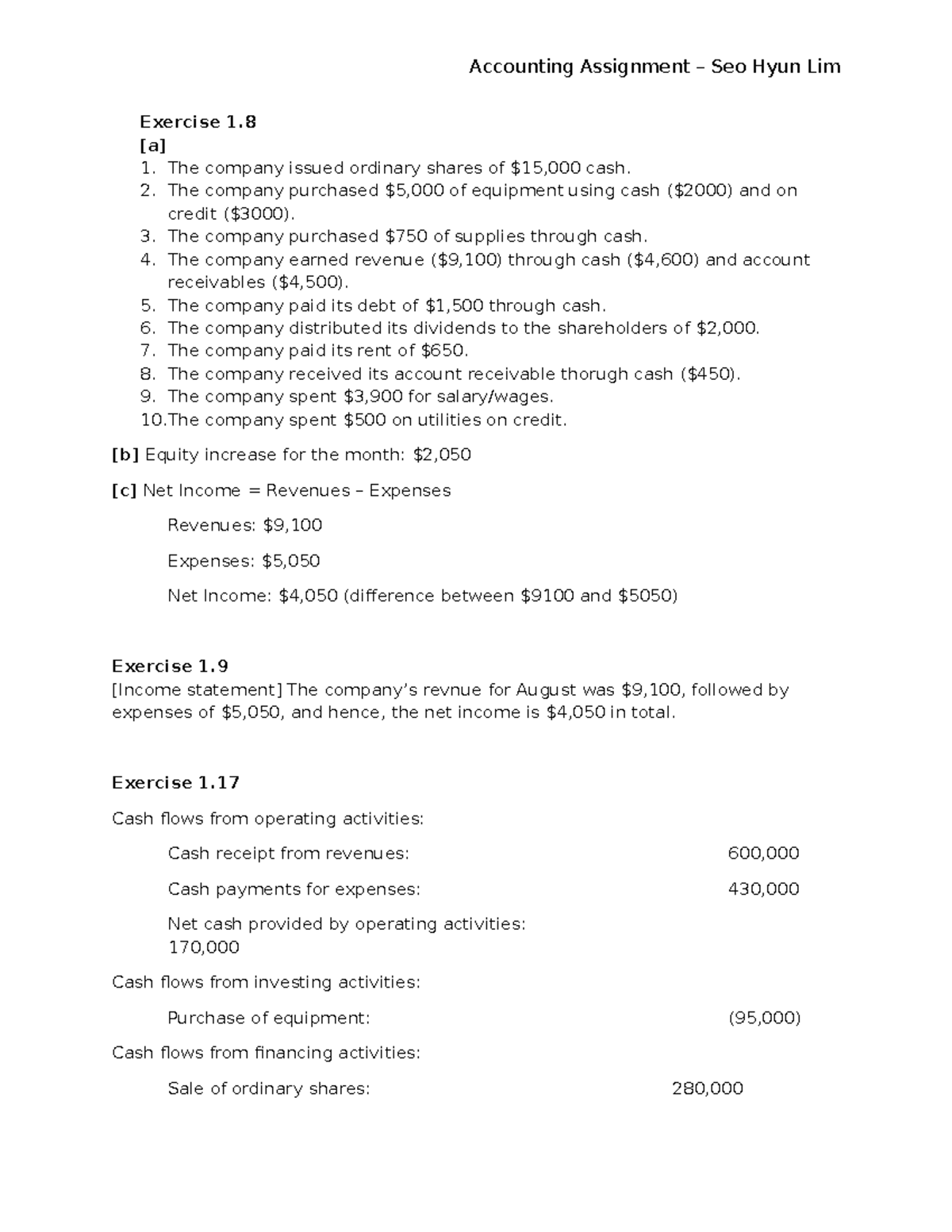 [Accounting] Assignment Ch. 1 - Accounting Assignment – Seo Hyun Lim ...