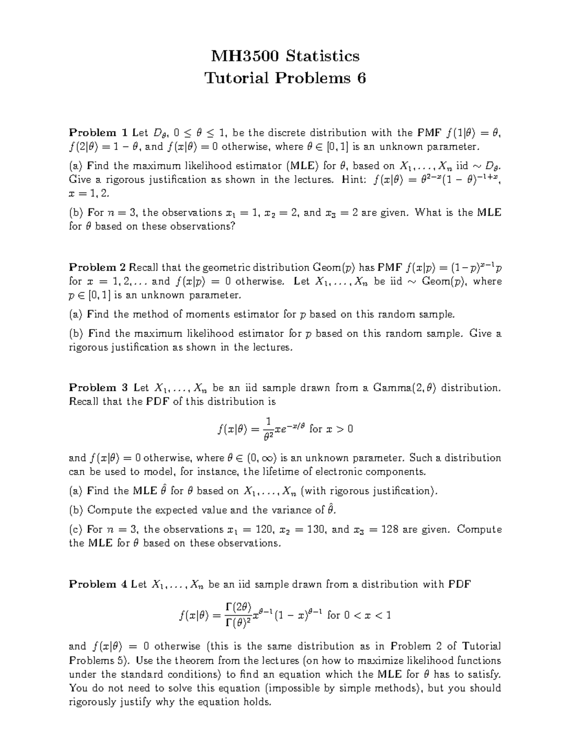 Tutorial 6 MH3500 Notes - MH3500 Statistics Tutorial Problems 6 Problem ...