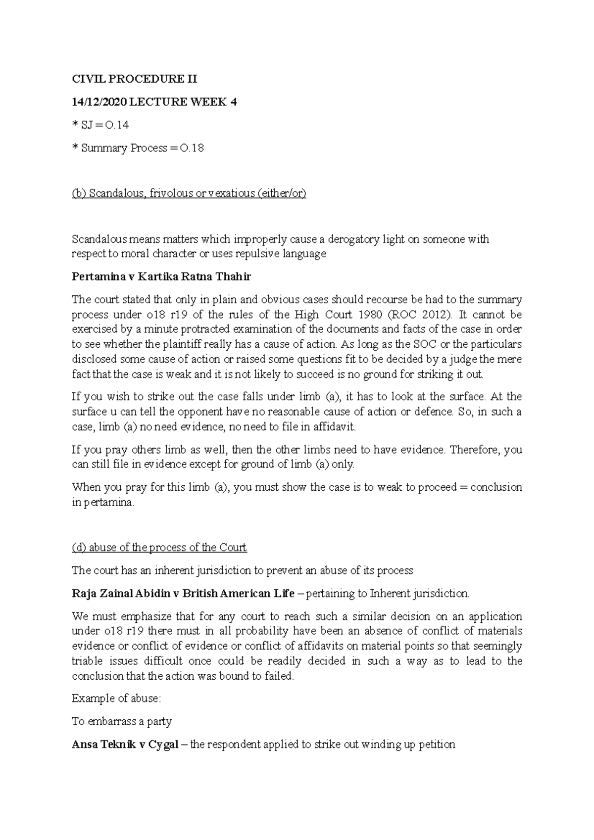 Civil Lecture WEEK 4 Notes - CIVIL PROCEDURE II 14/12/2020 LECTURE WEEK ...