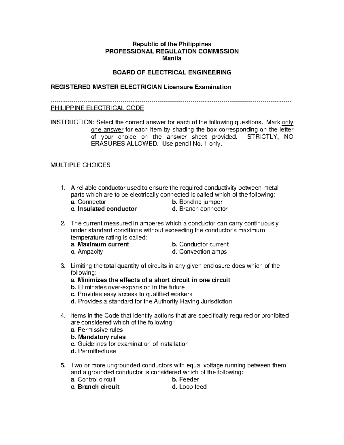 RME PEC Past Exam - Philippine Electrical Code Reviewer - Republic of ...