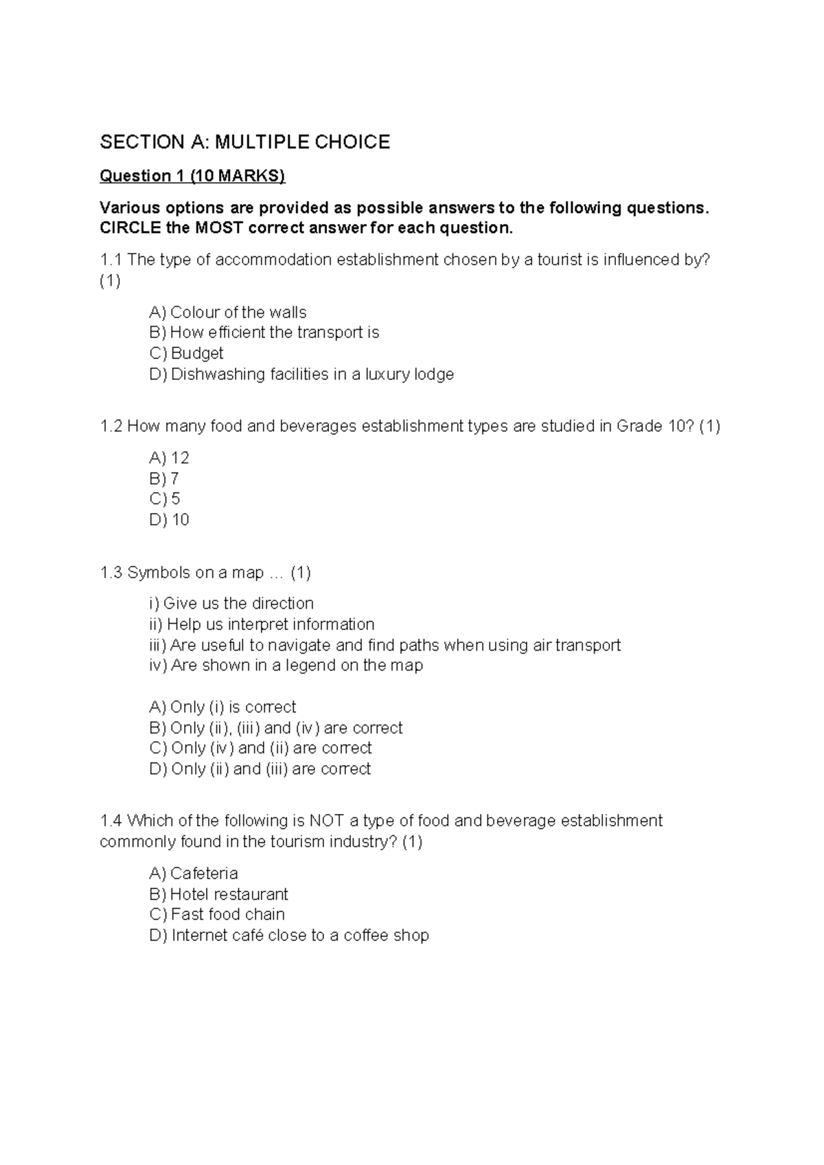 Cycle test 2 - SECTION A: MULTIPLE CHOICE Question 1 (10 MARKS) Various ...