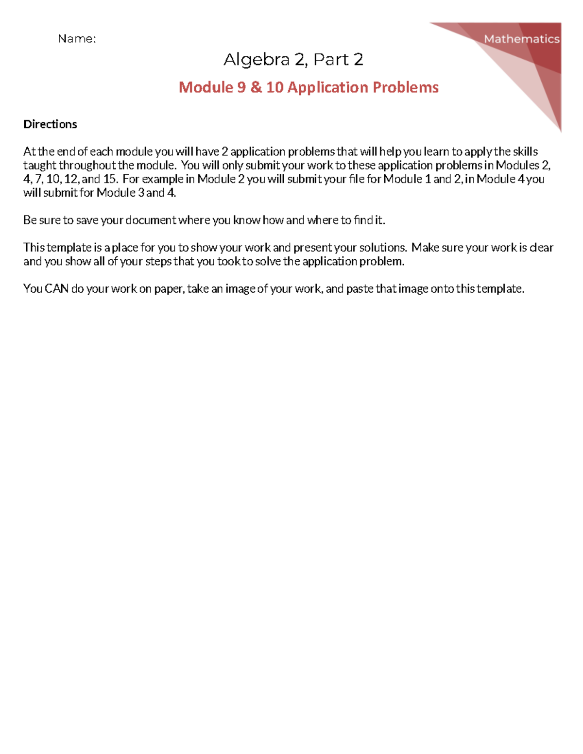 M09-M10 Alg57 Application Problems - Algebra 2, Part 2 Module 9 & 10 ...