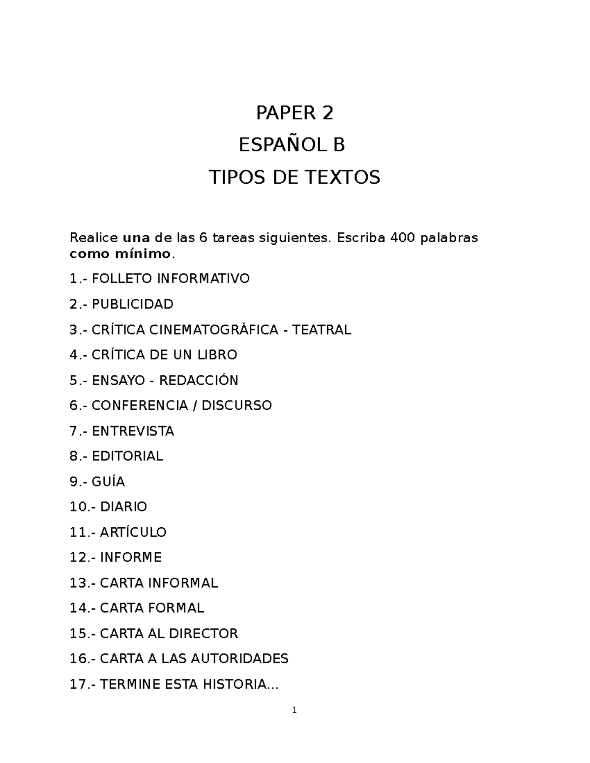 Spanish Paper 2 Text Types - PAPER 2 ESPAÑOL B TIPOS DE TEXTOS ...