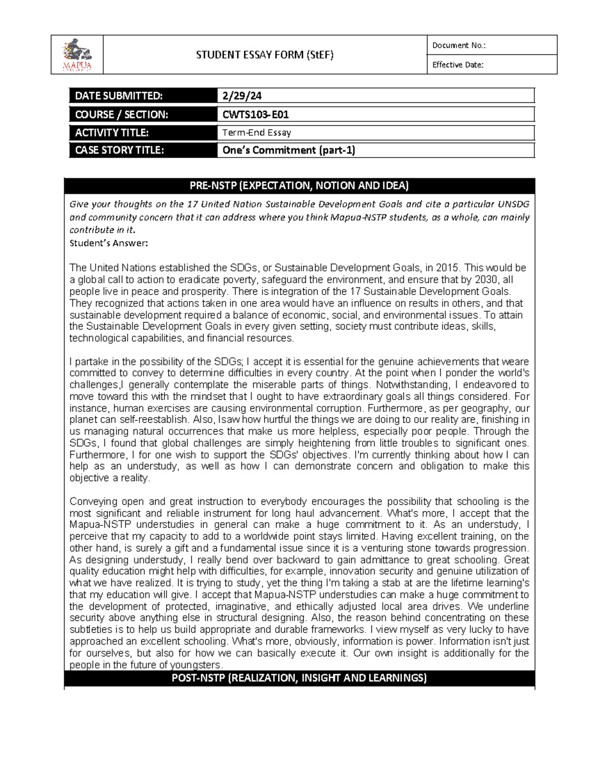 Form - CWTS103 Term-end Essay part1 02MAY2022 - STUDENT ESSAY FORM (StEF) Document No ...