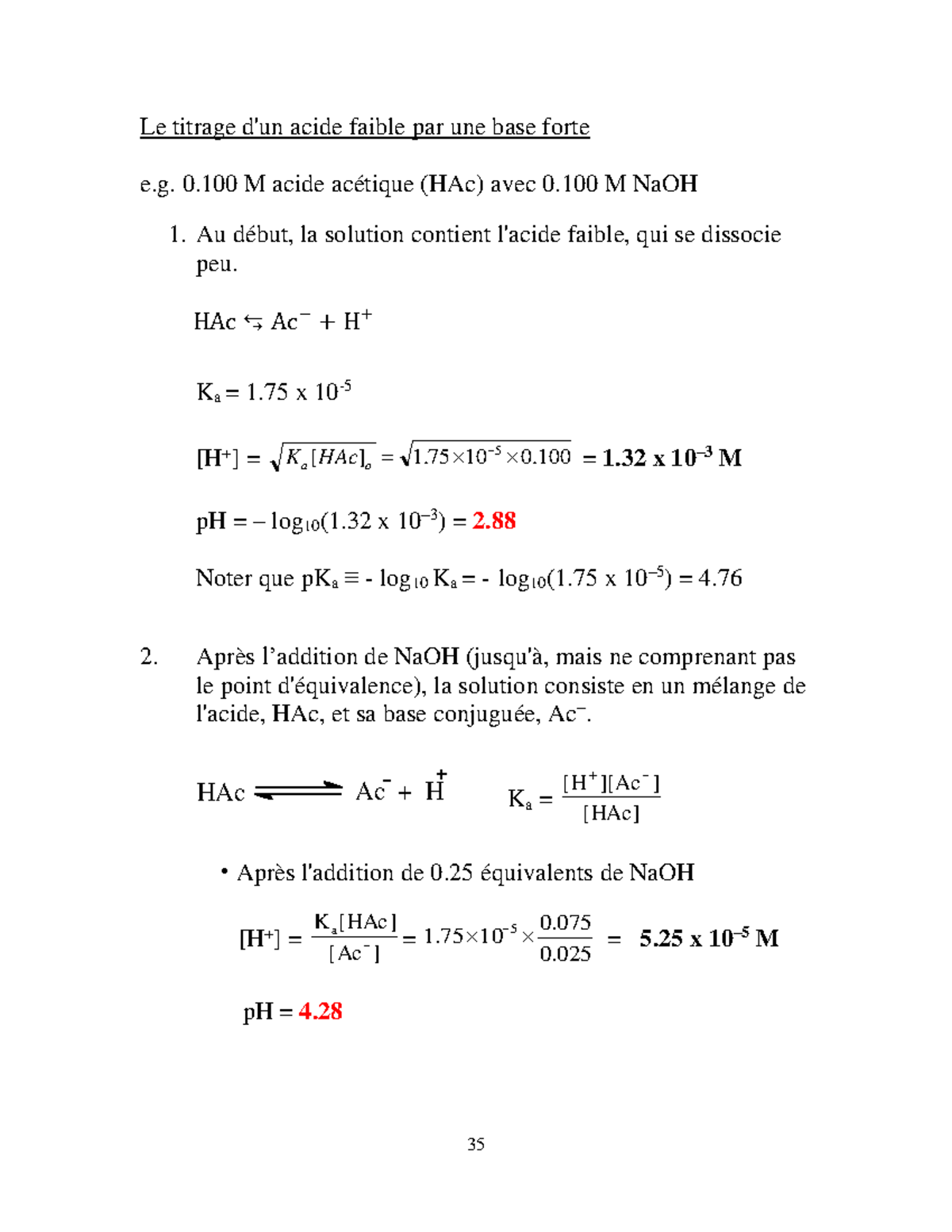 Cours 5 - notes - Le titrage d'un acide faible par une base forte e. 0 ...