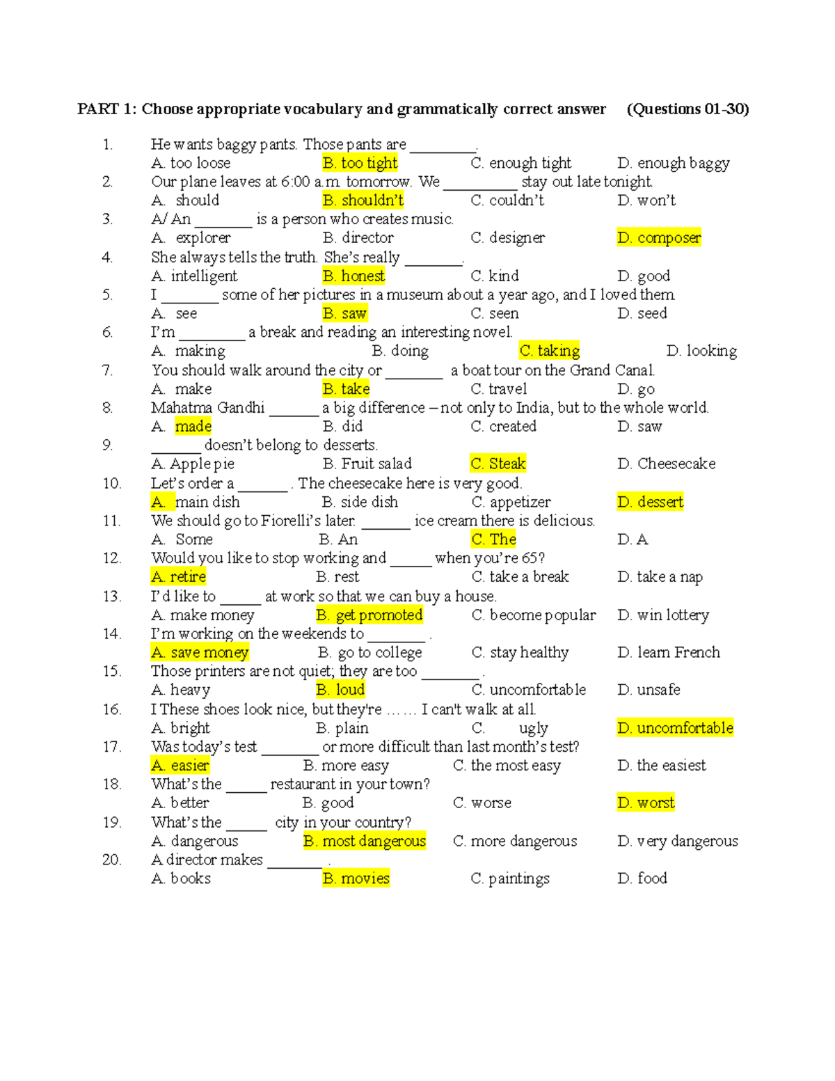 Word 2 - Bbbb - PART 1: Choose appropriate vocabulary and grammatically ...