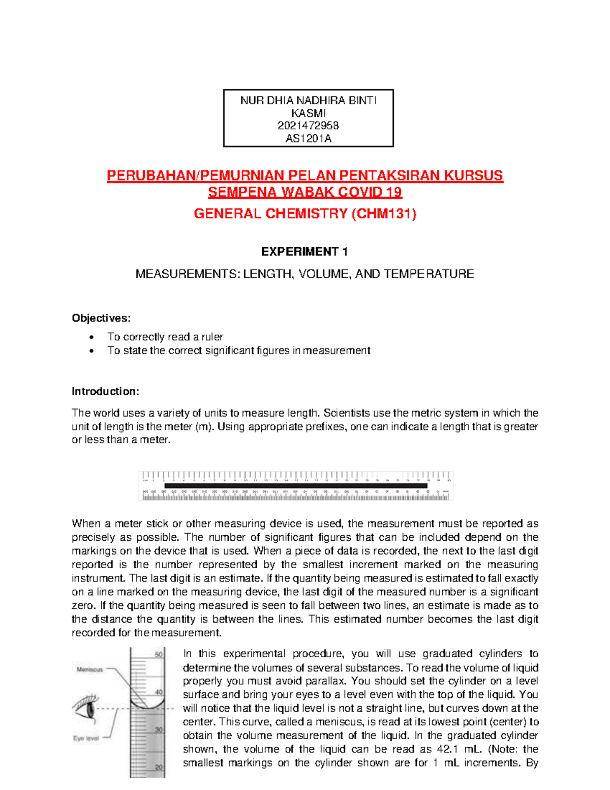 CHM131 Experiment 1 MEASUREMENT: LENGTH, VOLUME AND TEMPERATURE ...