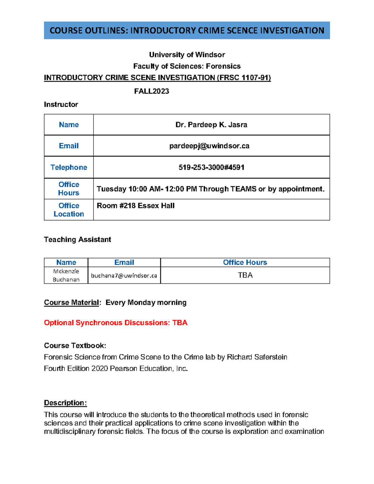 FRSC 1107 syllabus - University of Windsor Faculty of Sciences ...