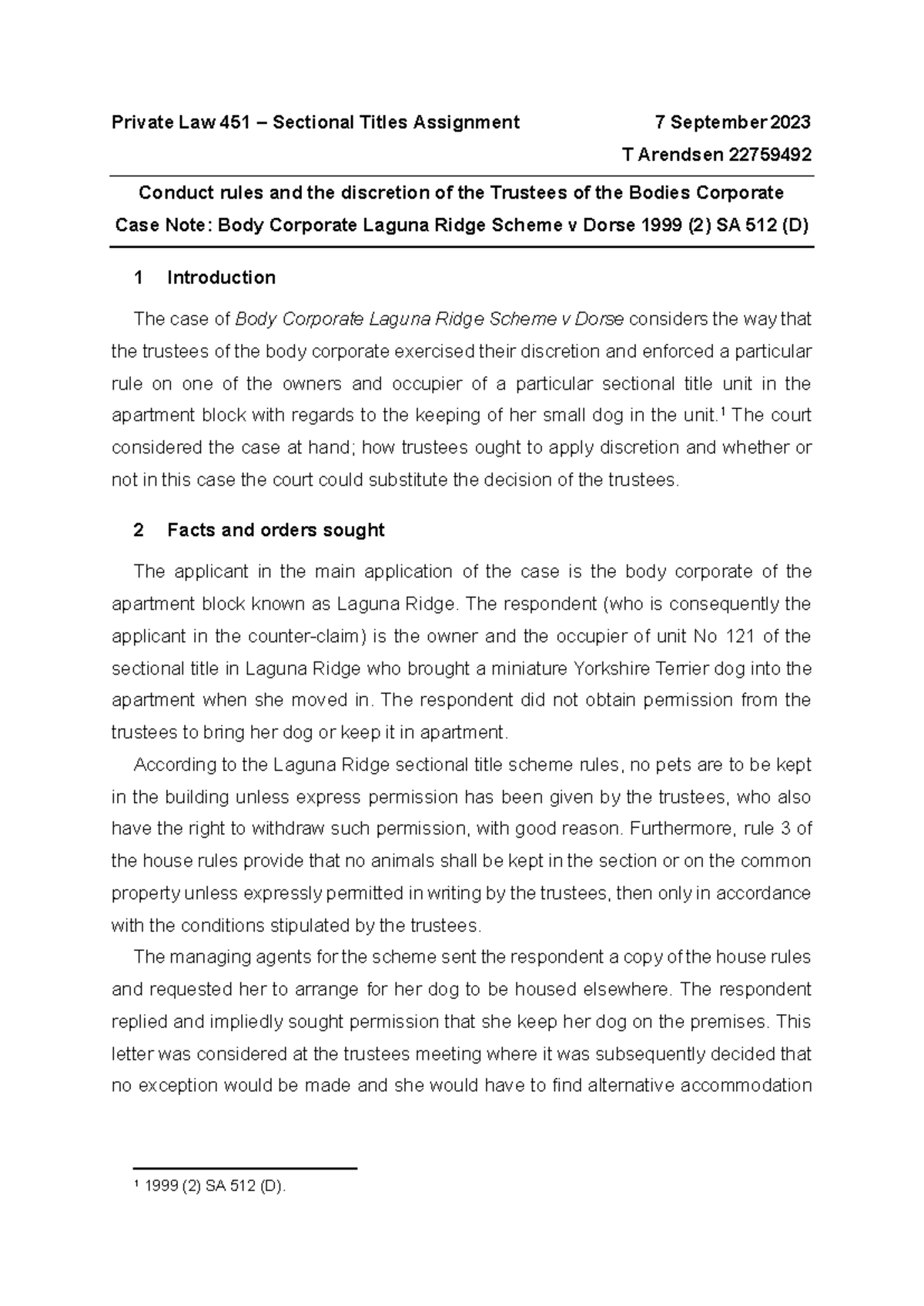 Private Law 451 assignment - Private Law 451 – Sectional Titles ...