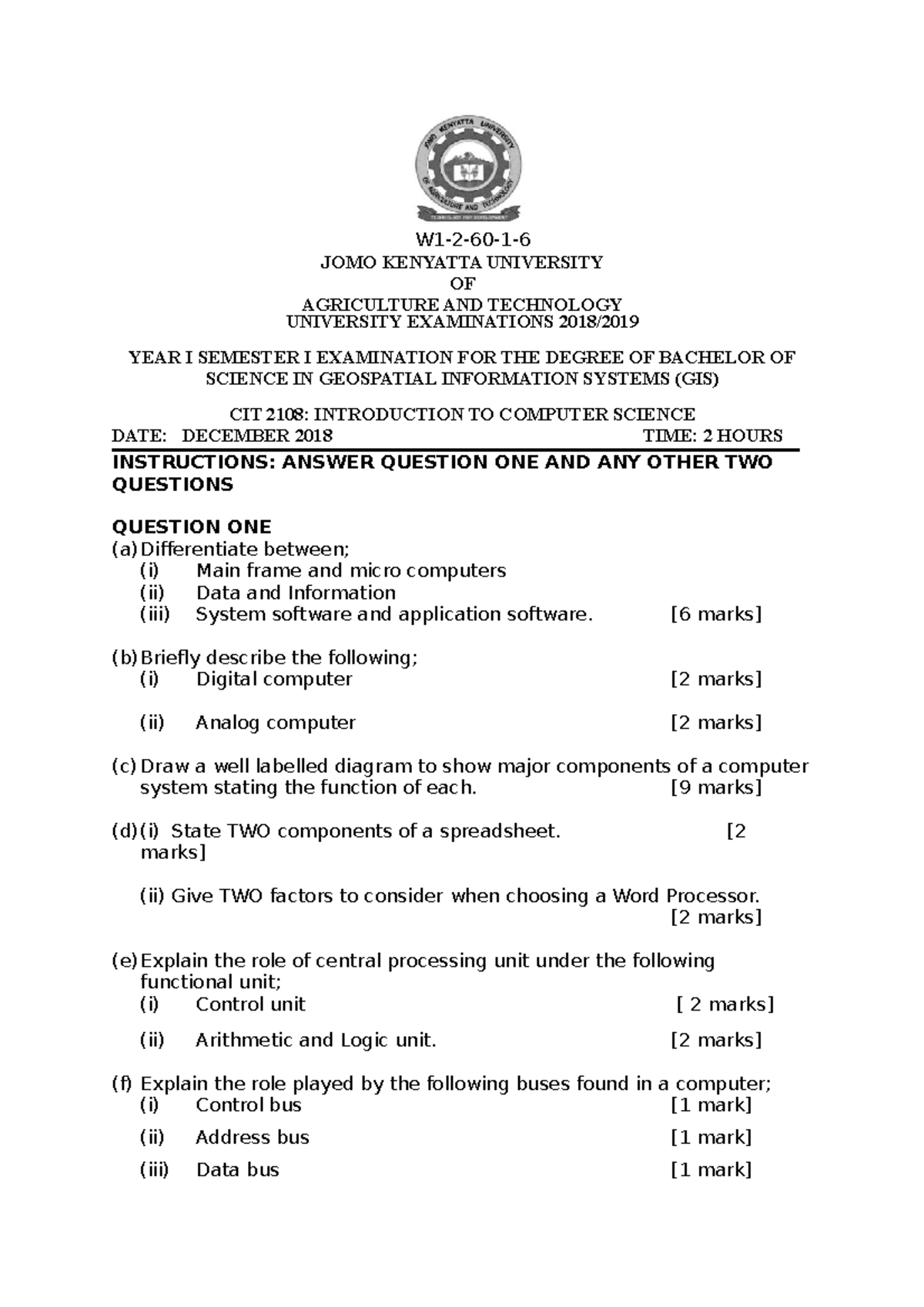 CIT 2108 Introduction TO Computer Science - W1-2-60-1- JOMO KENYATTA ...