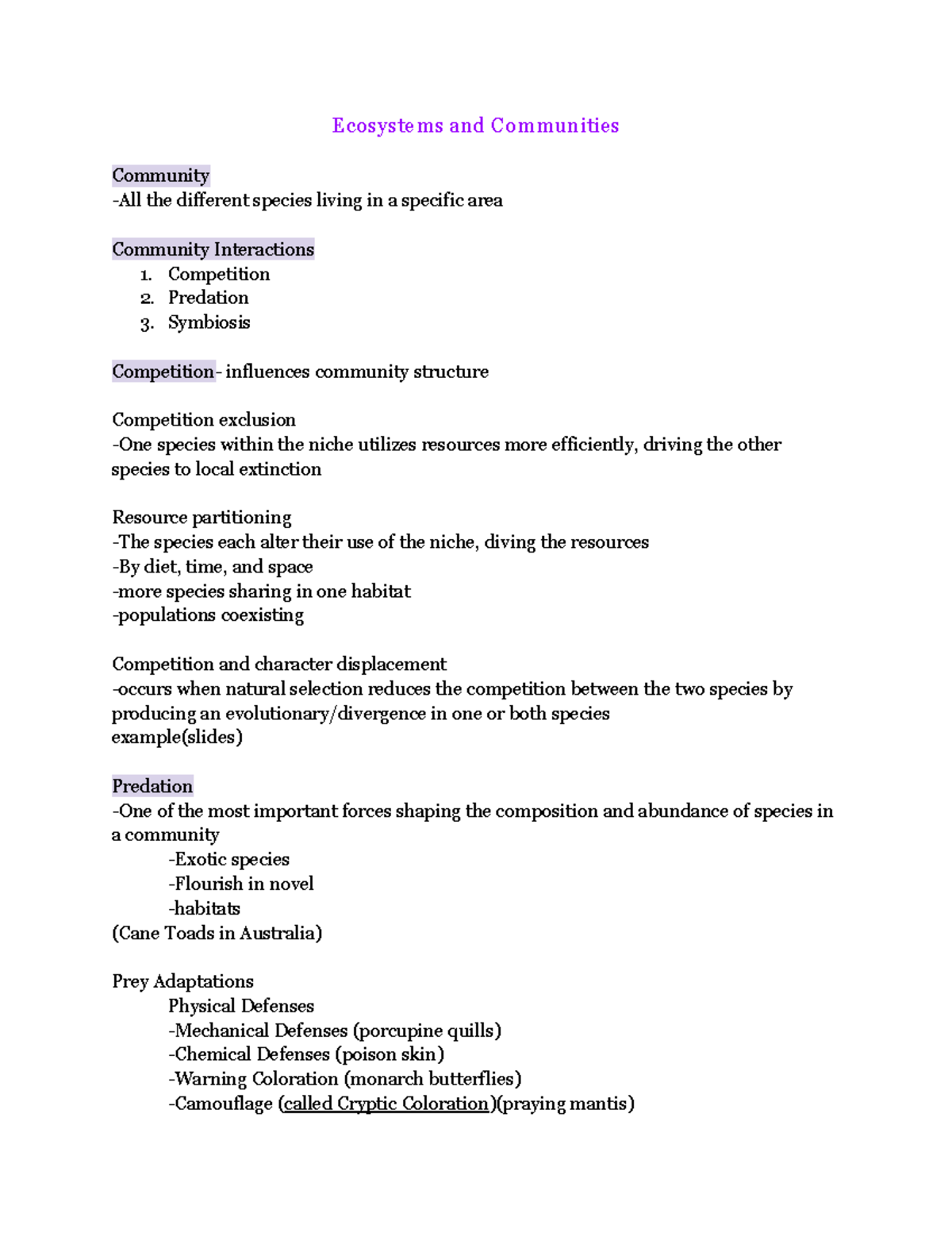 Community Ecology Bio 101 notes - Ecosystems and Communities Community ...