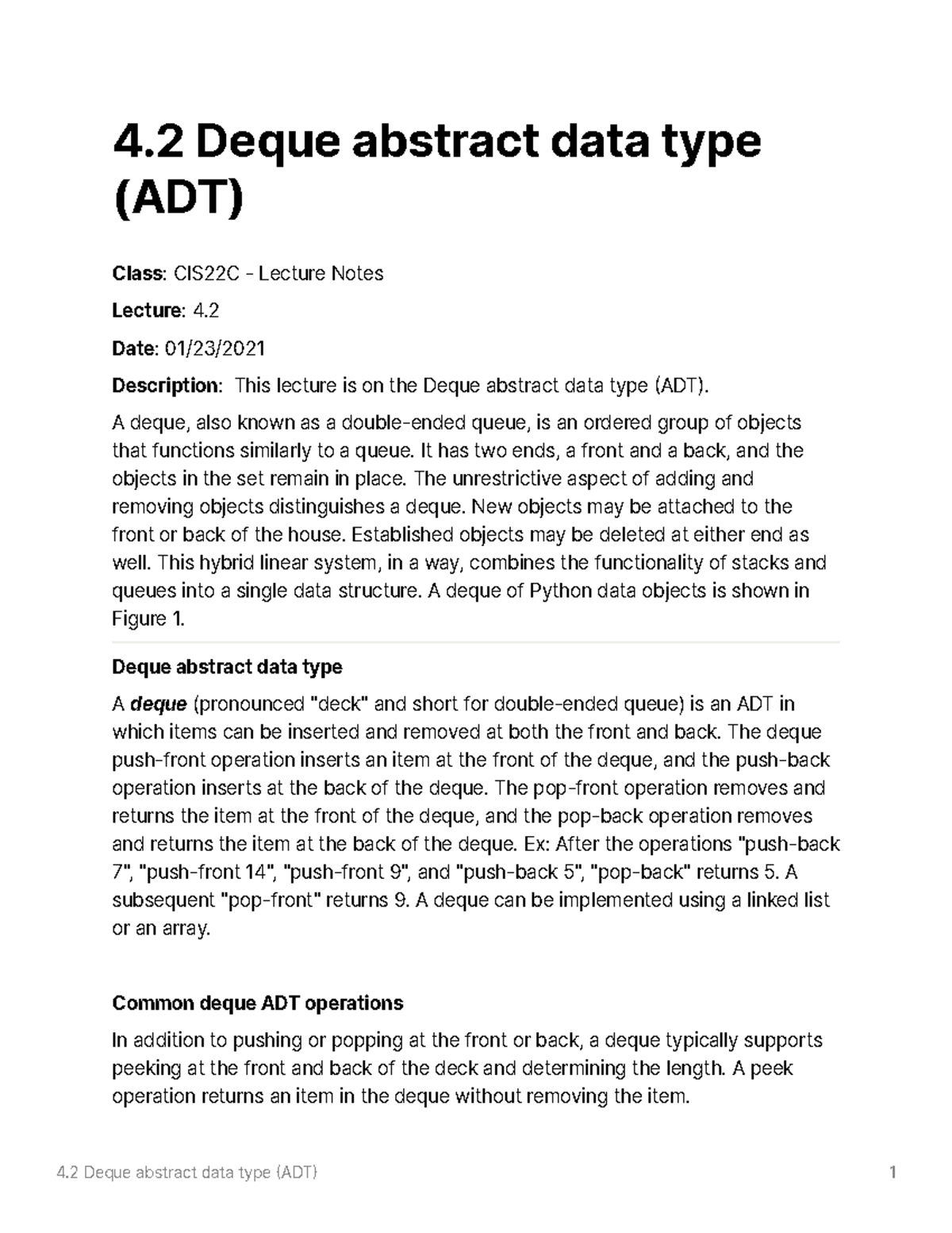 4.2 Deque abstract data type (ADT) - 4 Deque abstract data type ADT 1 4 Deque abstract data type ...